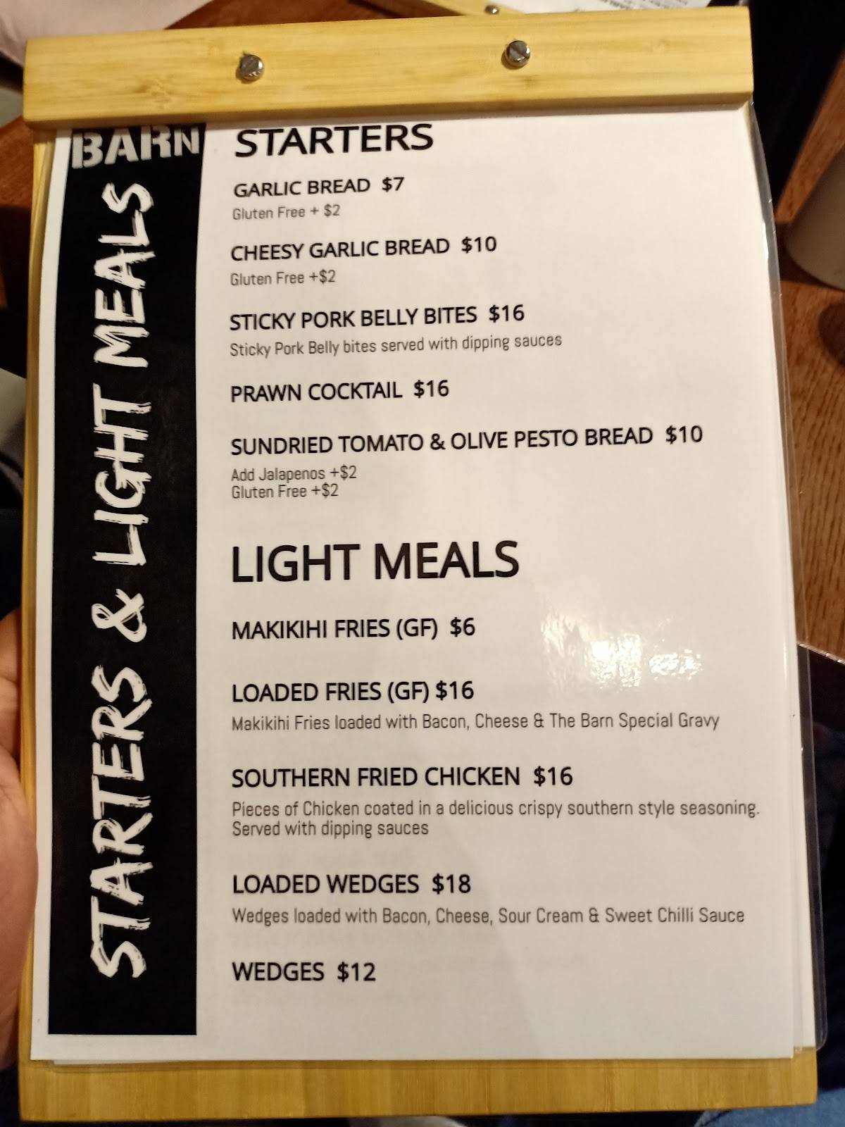 Menu at The Barn, Waimate
