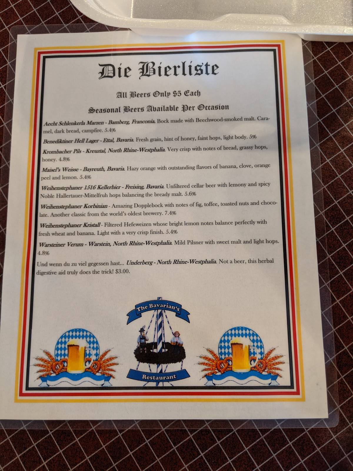 Menu at The Bavarian's Wirtshaus restaurant, Fort Walton Beach