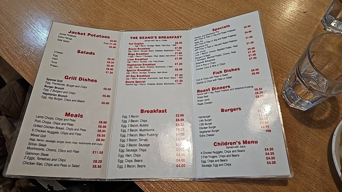 Menu at The Beano cafe, Dover
