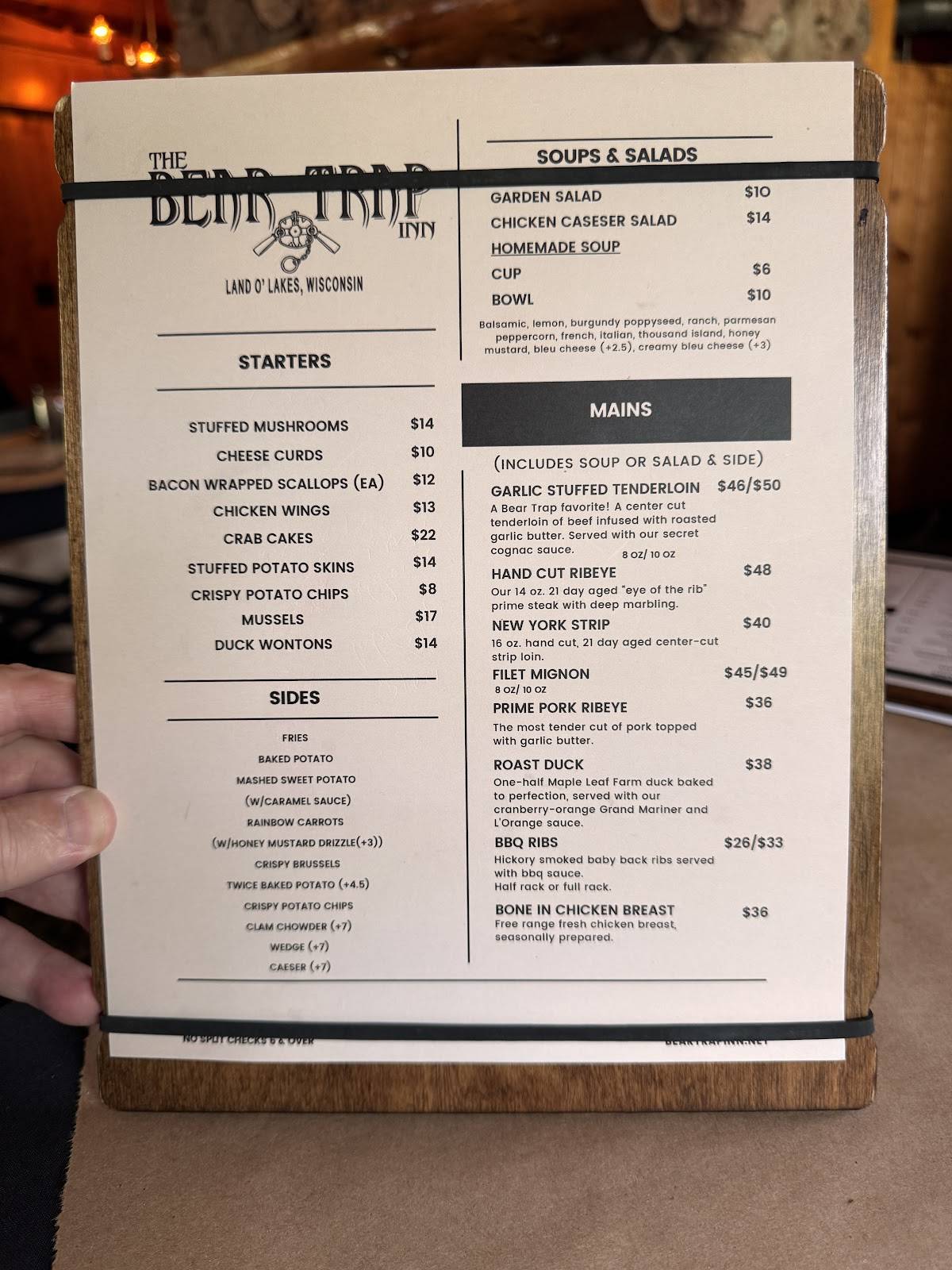 Menu at The Bear Trap Inn restaurant, Land O' Lakes, Co Hwy B