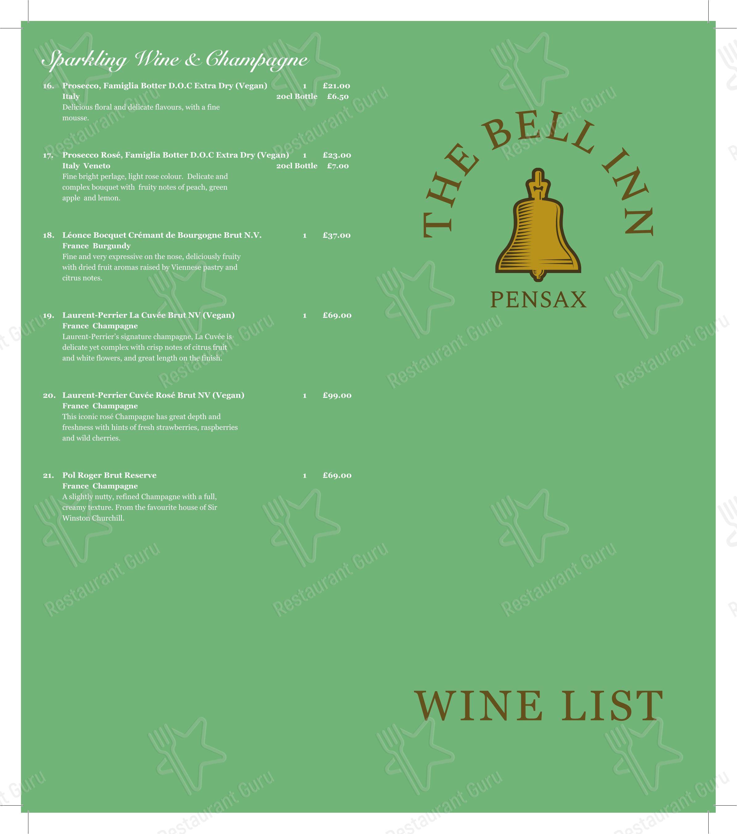 Menu at The Bell pub & bar, Pensax, B4202