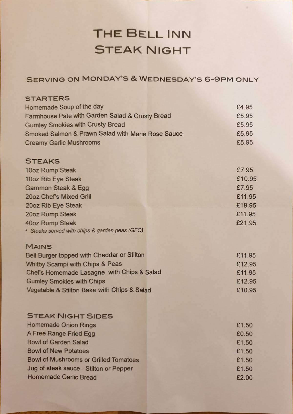 Carta del pub y bar The Bell Inn, Lubenham, Main St