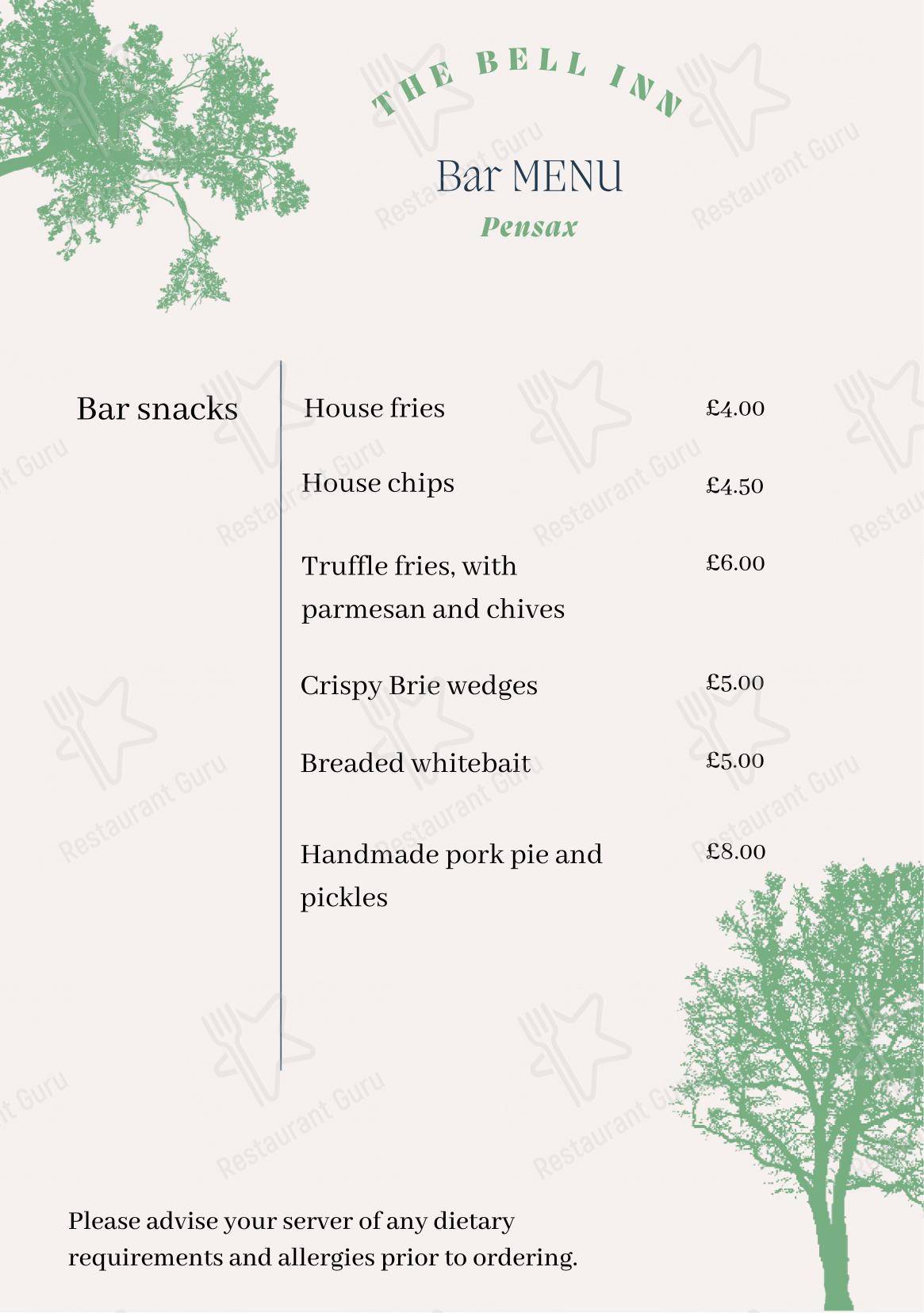 Menu at The Bell pub & bar, Pensax, B4202