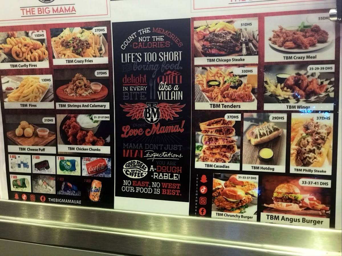 Menu at The Big Mama restaurant, UAE, 57J3+Q83 Heli Pad