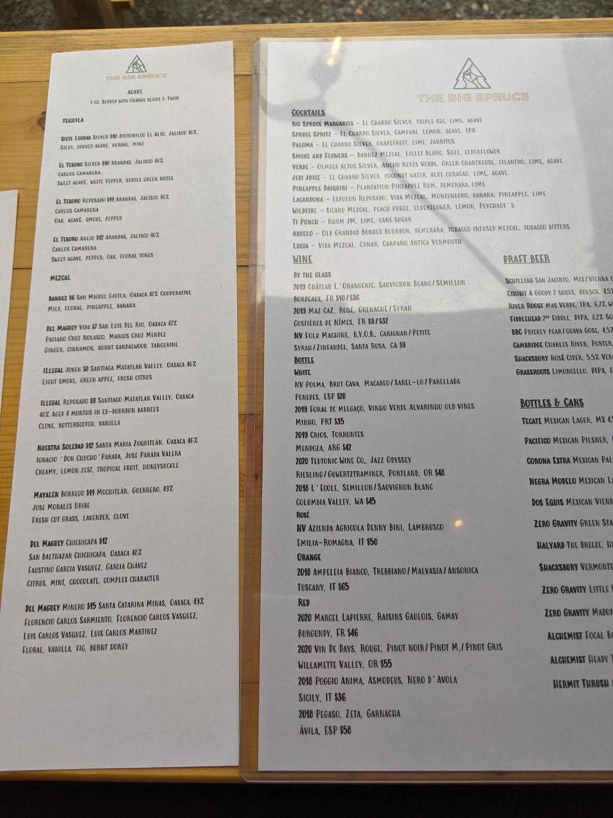 Menu at The Big Spruce restaurant, Richmond