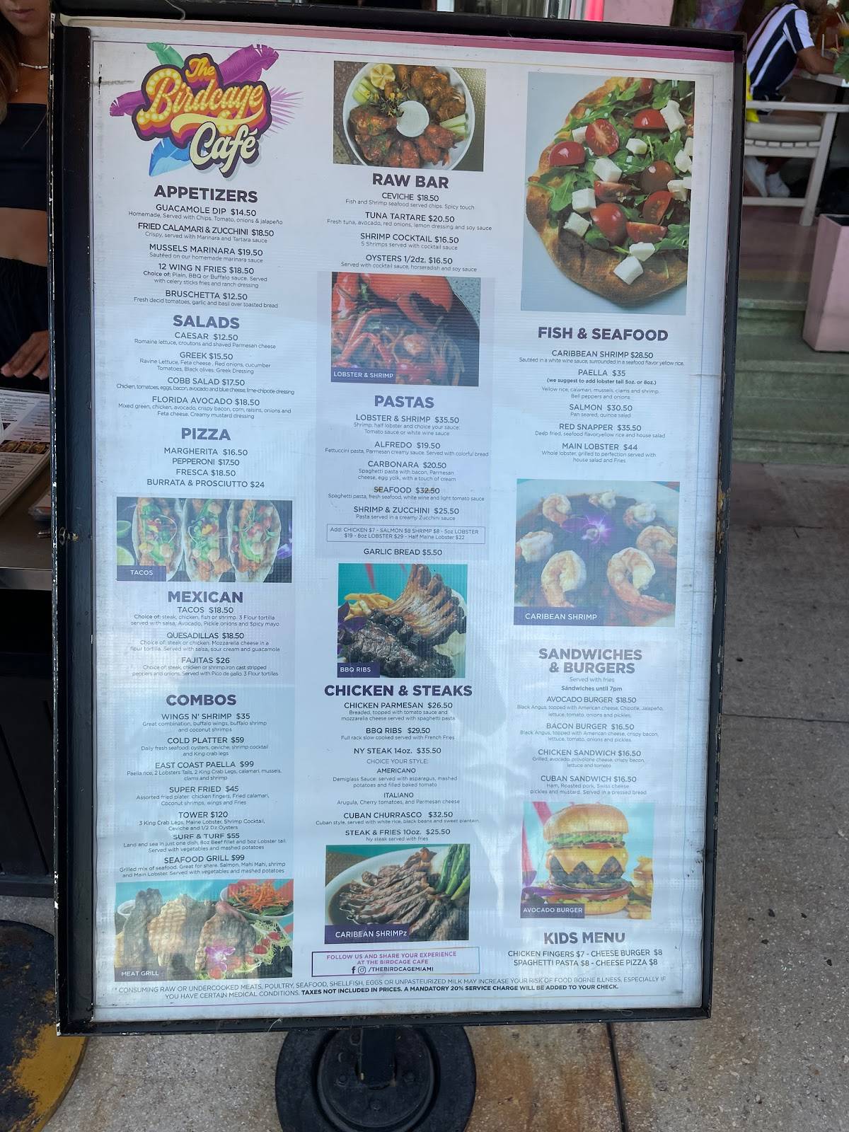 Menu at The Birdcage Cafe, Miami Beach