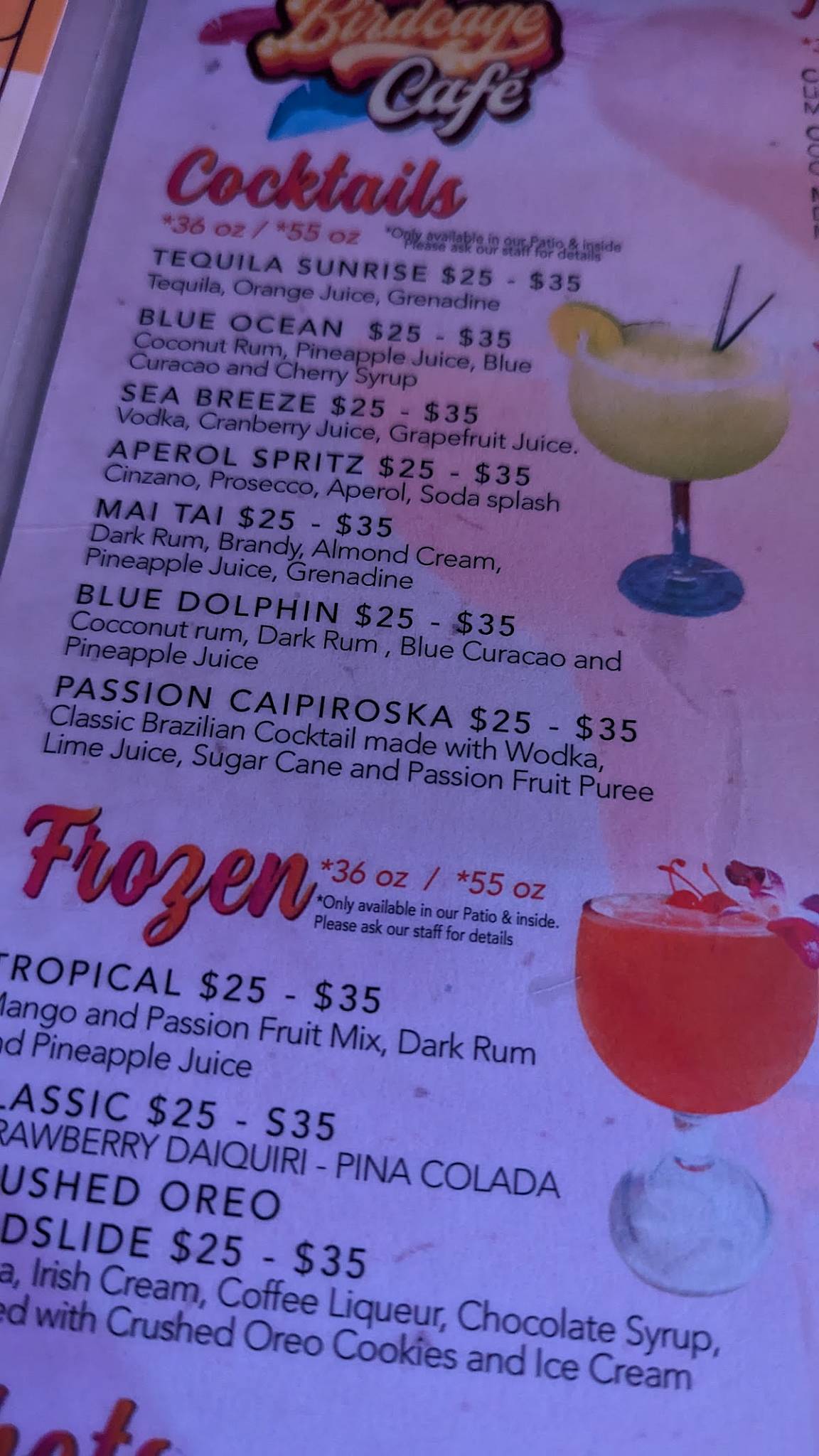 Menu at The Birdcage Cafe, Miami Beach