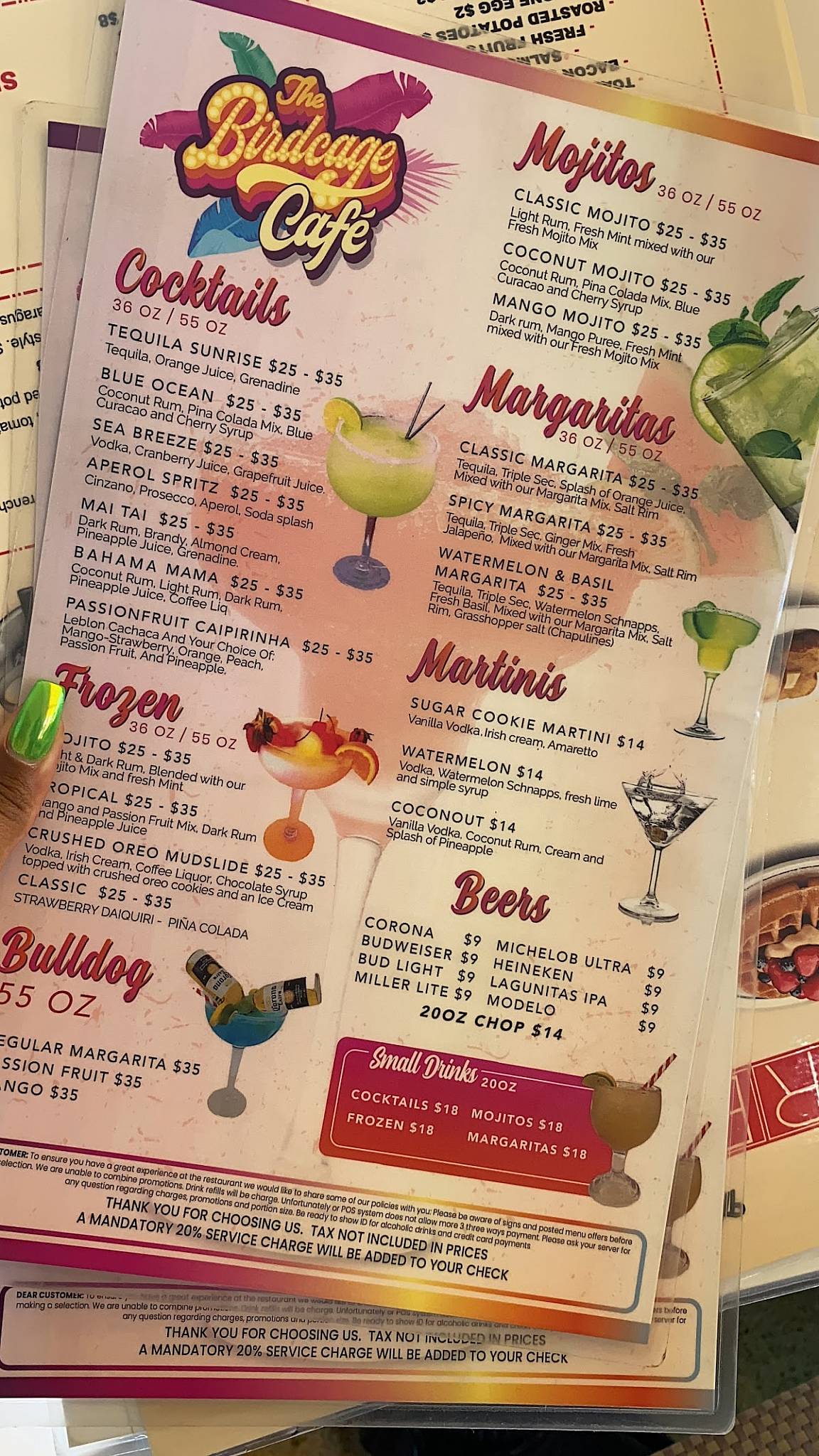 Menu at The Birdcage Cafe, Miami Beach