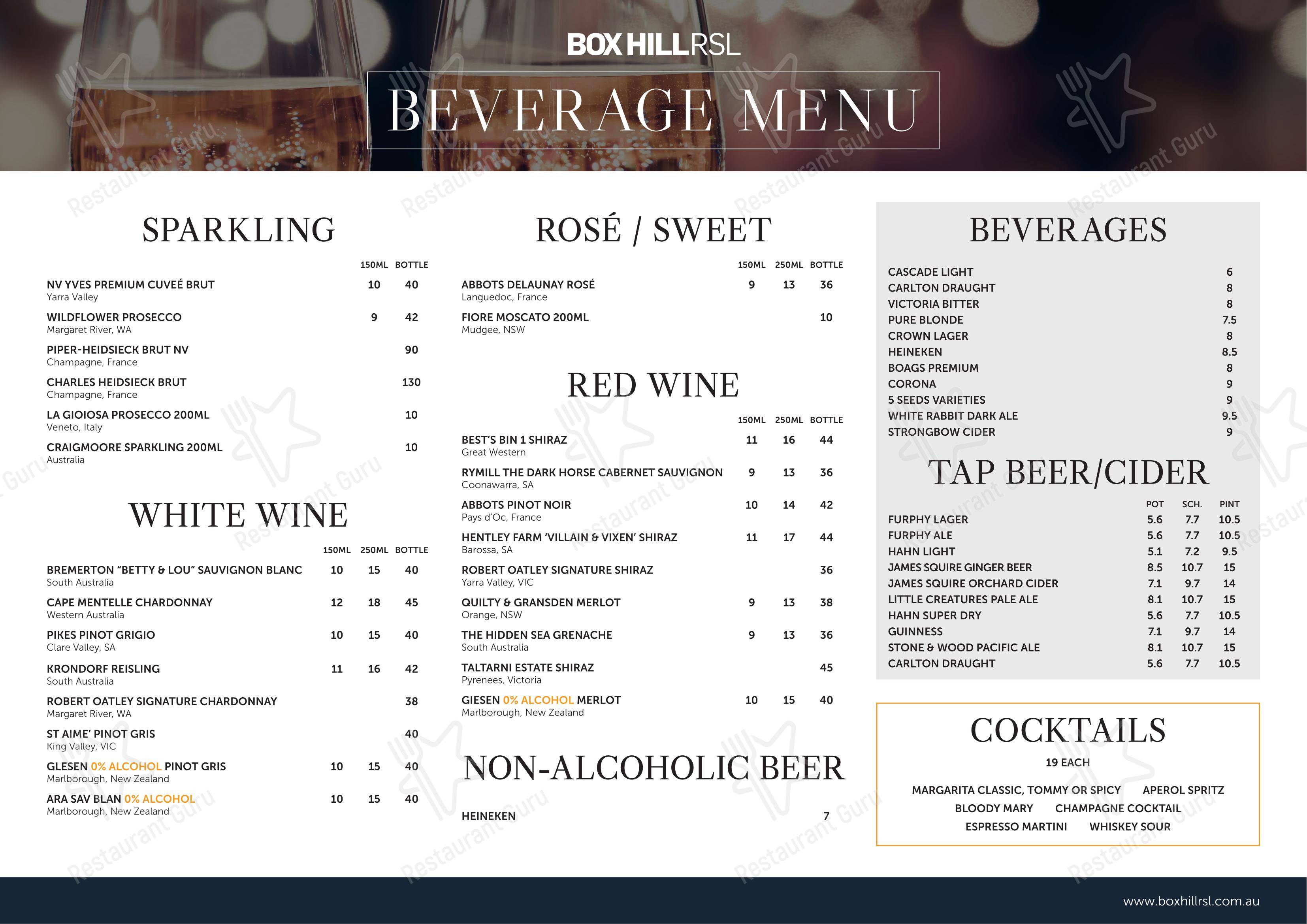 Menu at The Bistro restaurant, Box Hill