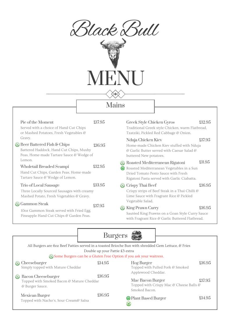 Menu at The Black Bull Haworth restaurant, Keighley
