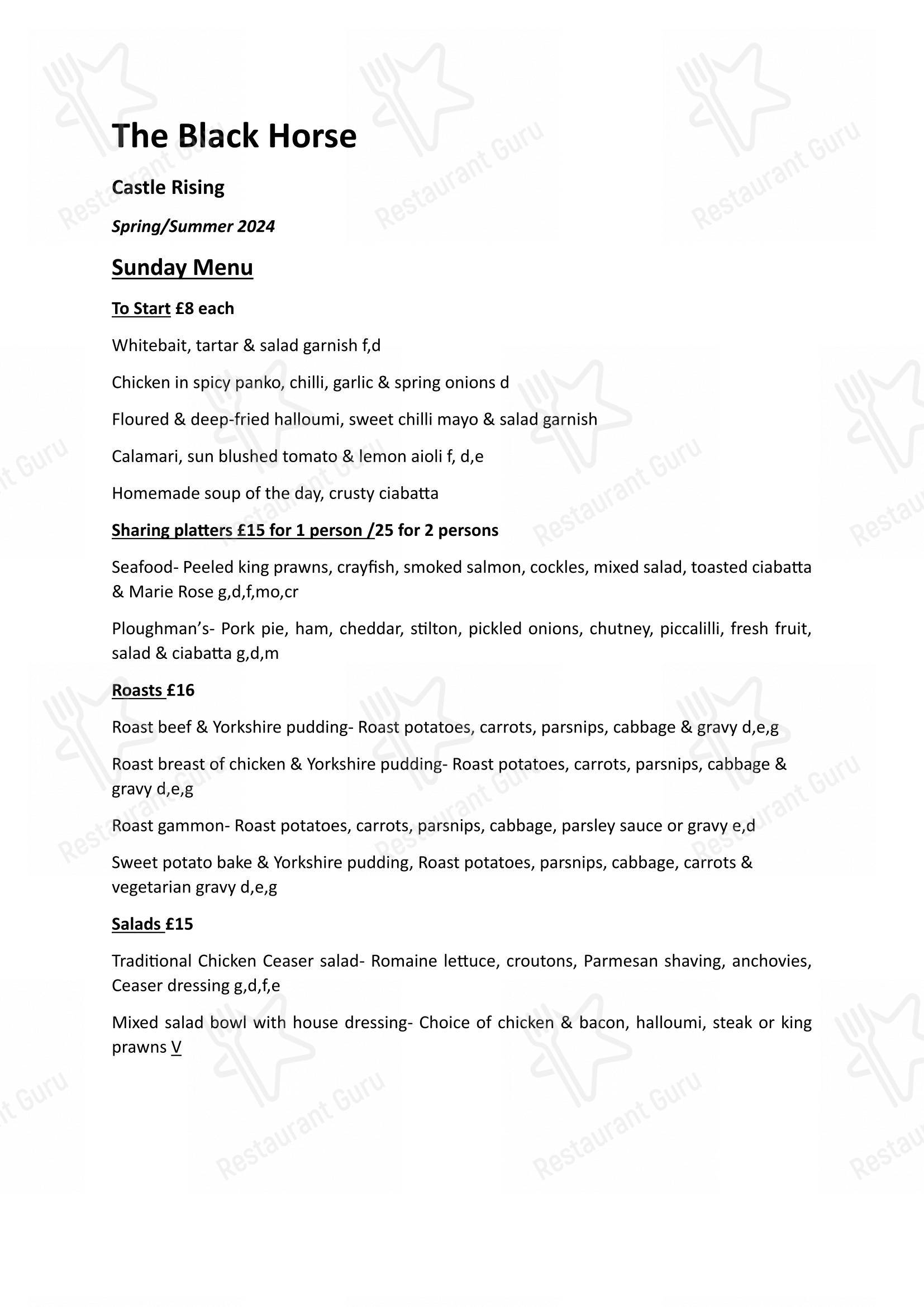 Menu at The Black Horse Inn pub & bar, Castle Rising
