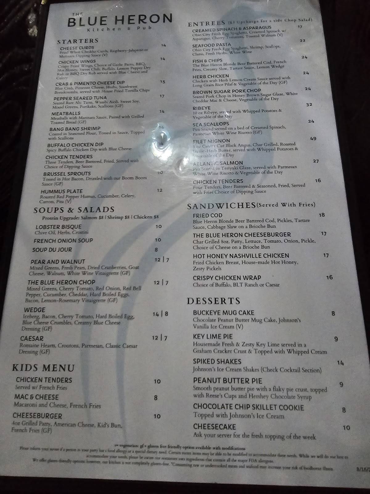 Menu at The Blue Heron Kitchen & Pub, Hebron