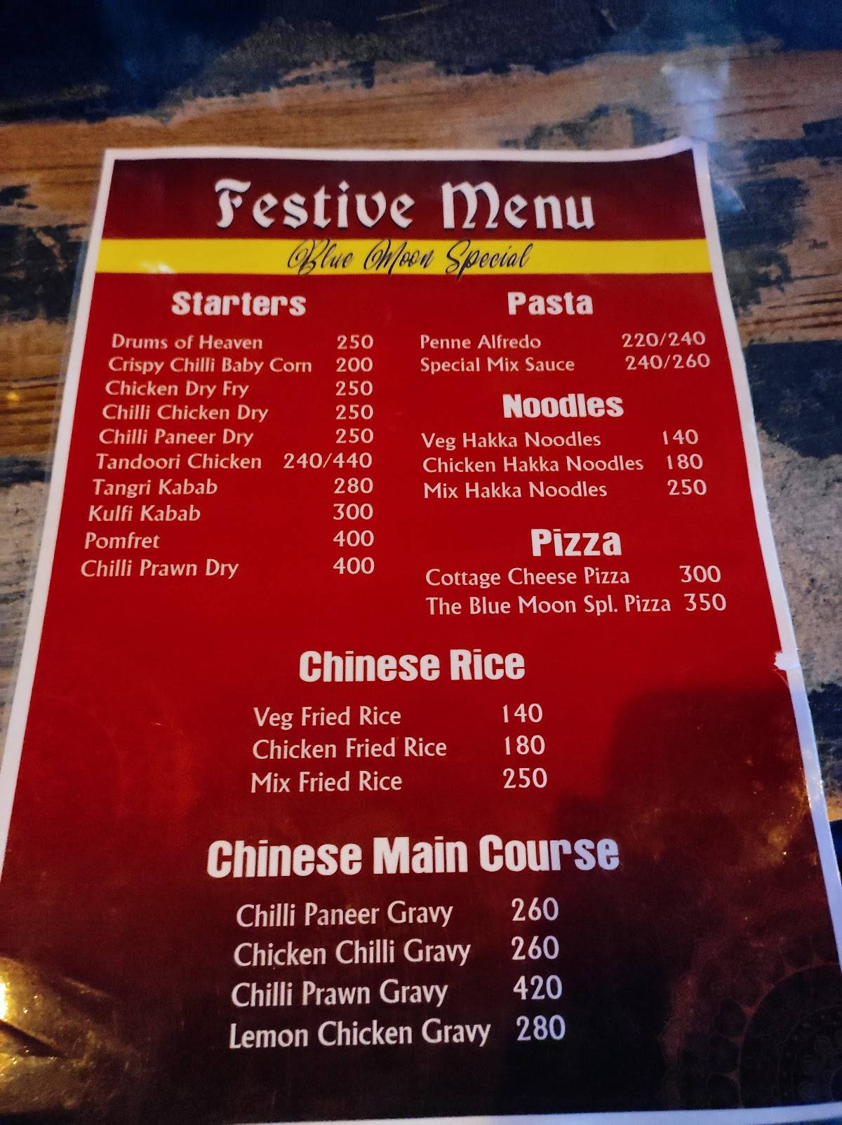 Menu at The Blue Moon, Pathsala