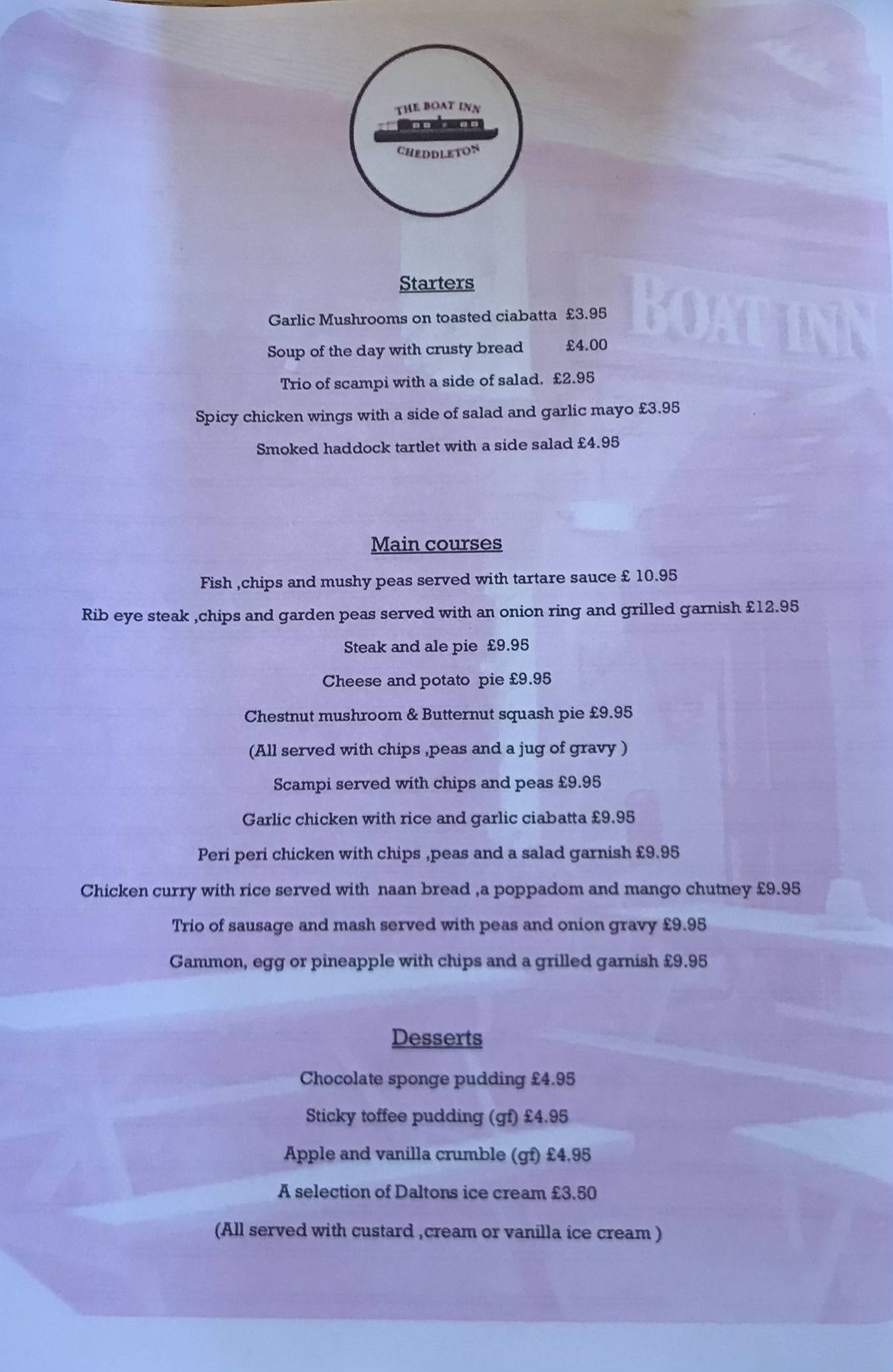 Menu at Boat Inn pub & bar, Leek, 170 Basford Bridge Ln