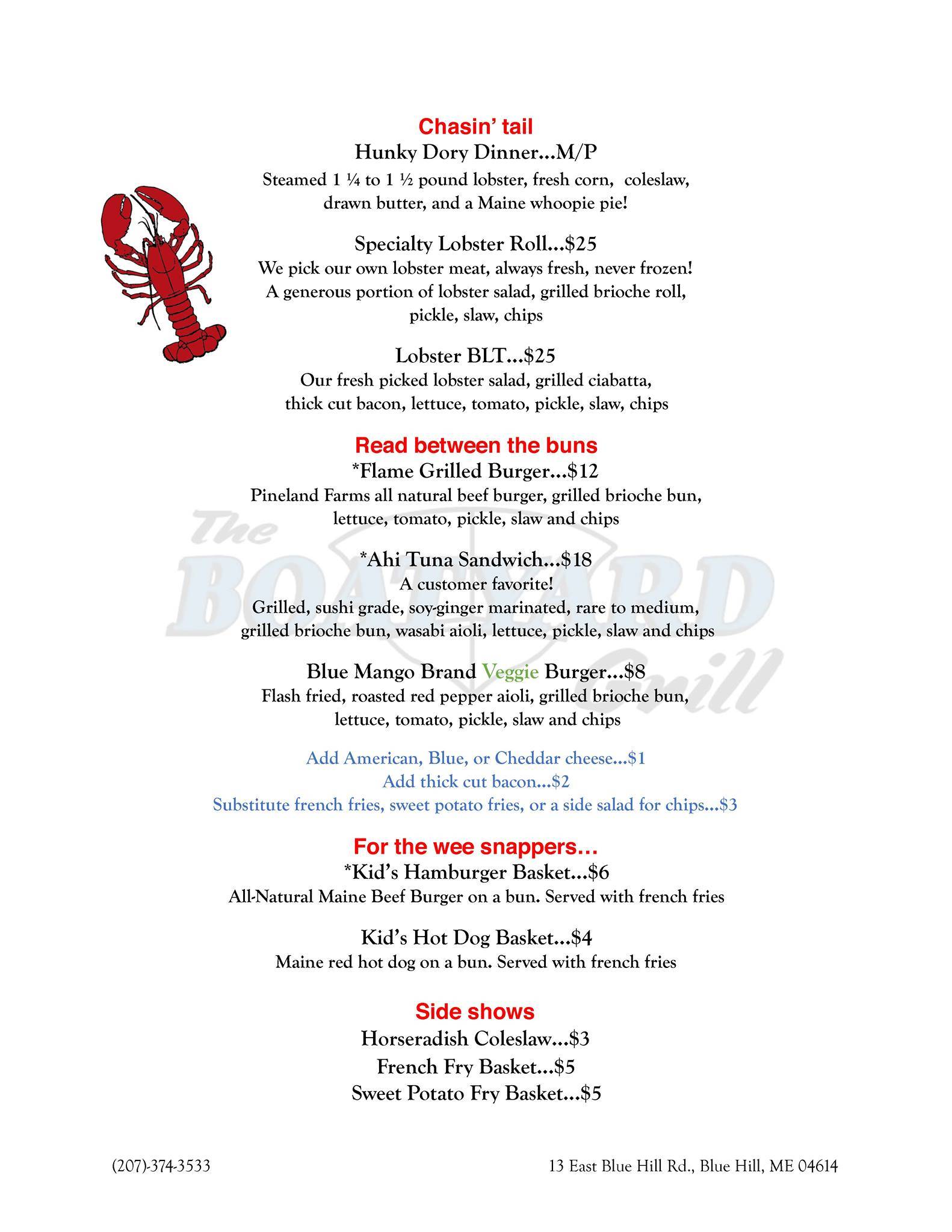 Menu at The Boatyard Grill restaurant, Blue Hill