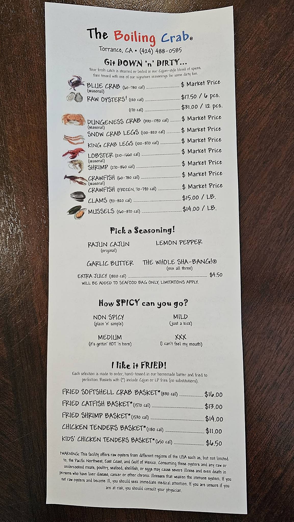 Menu at The Boiling Crab restaurant, Torrance