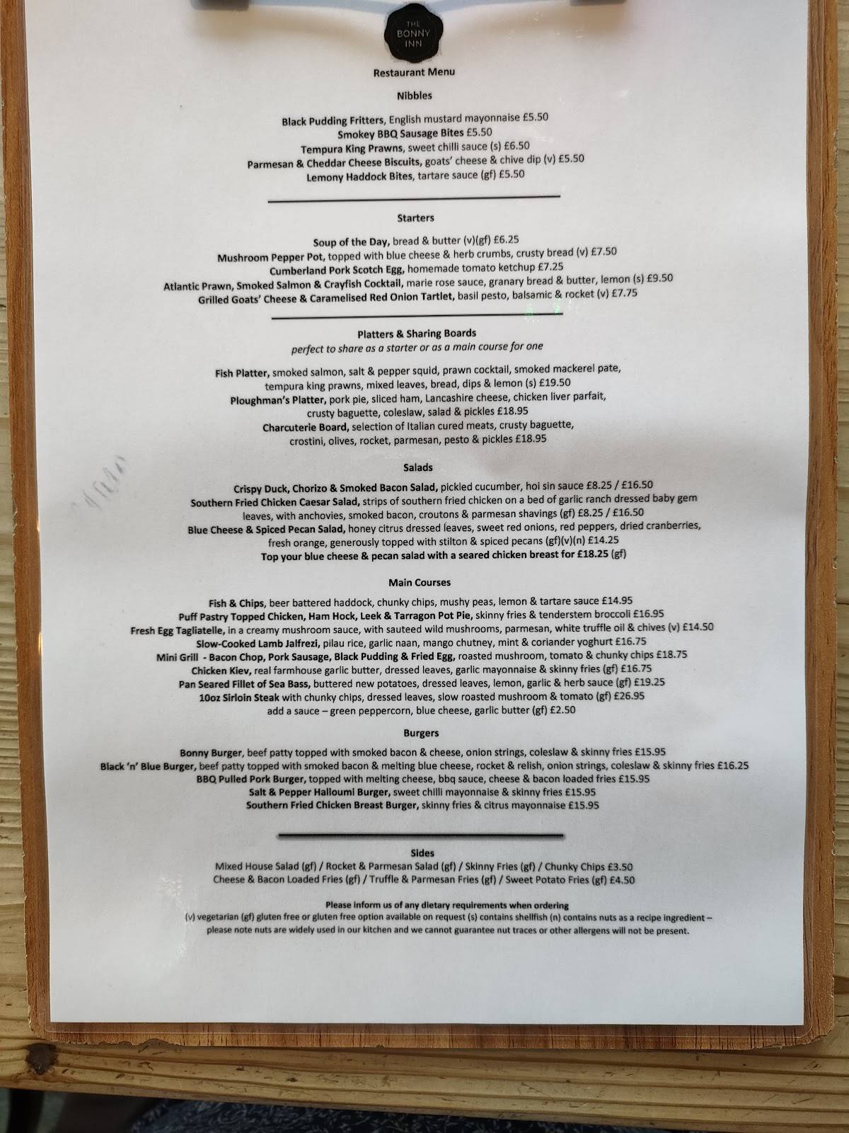 Menu at The Bonny Inn restaurant, Blackburn