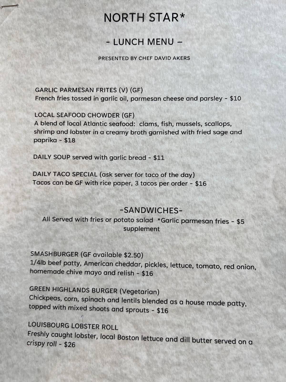 Menu at The Bothy at North star restaurant, Louisbourg
