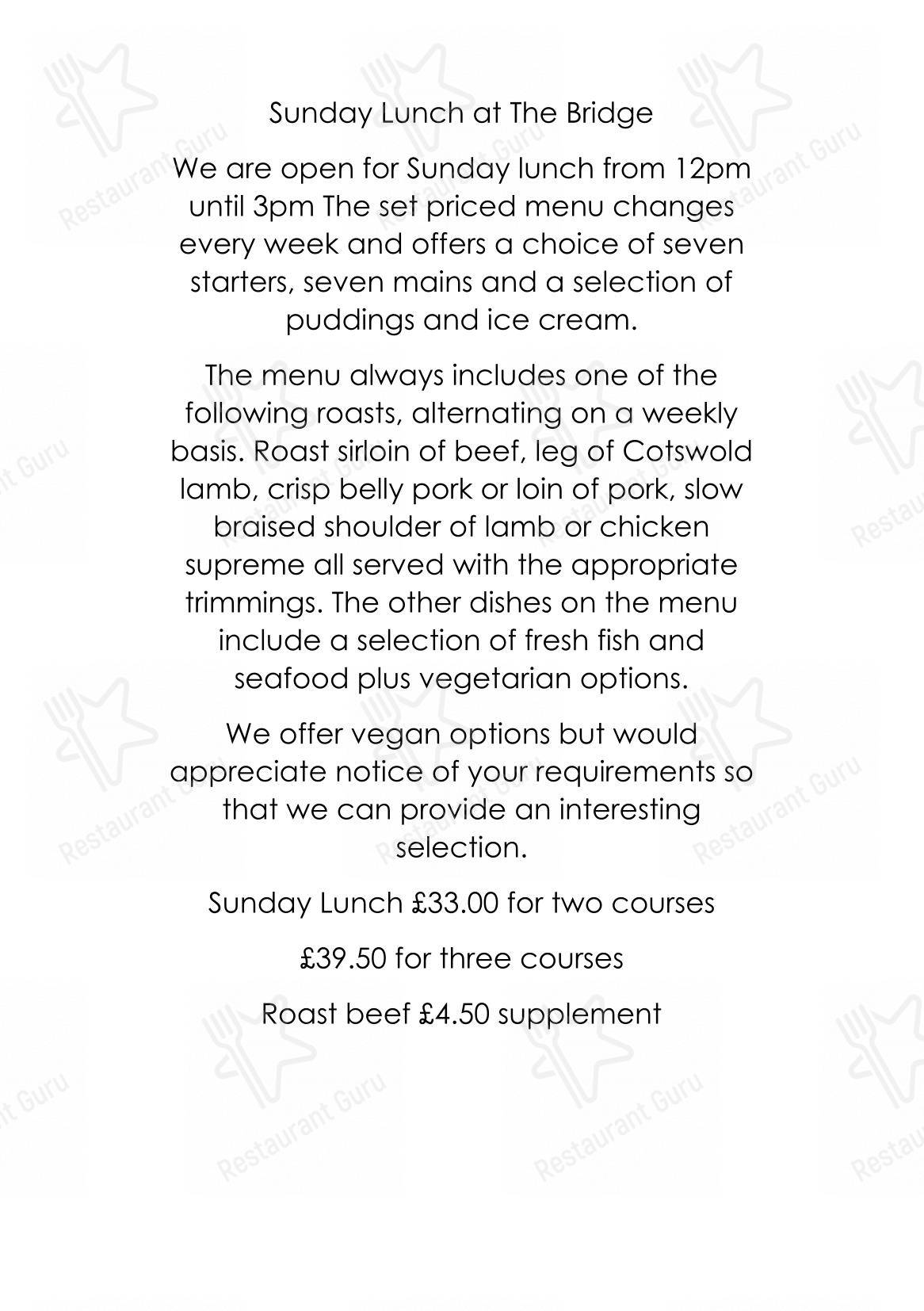 Menu at The Bridge restaurant, Bidford-on-Avon