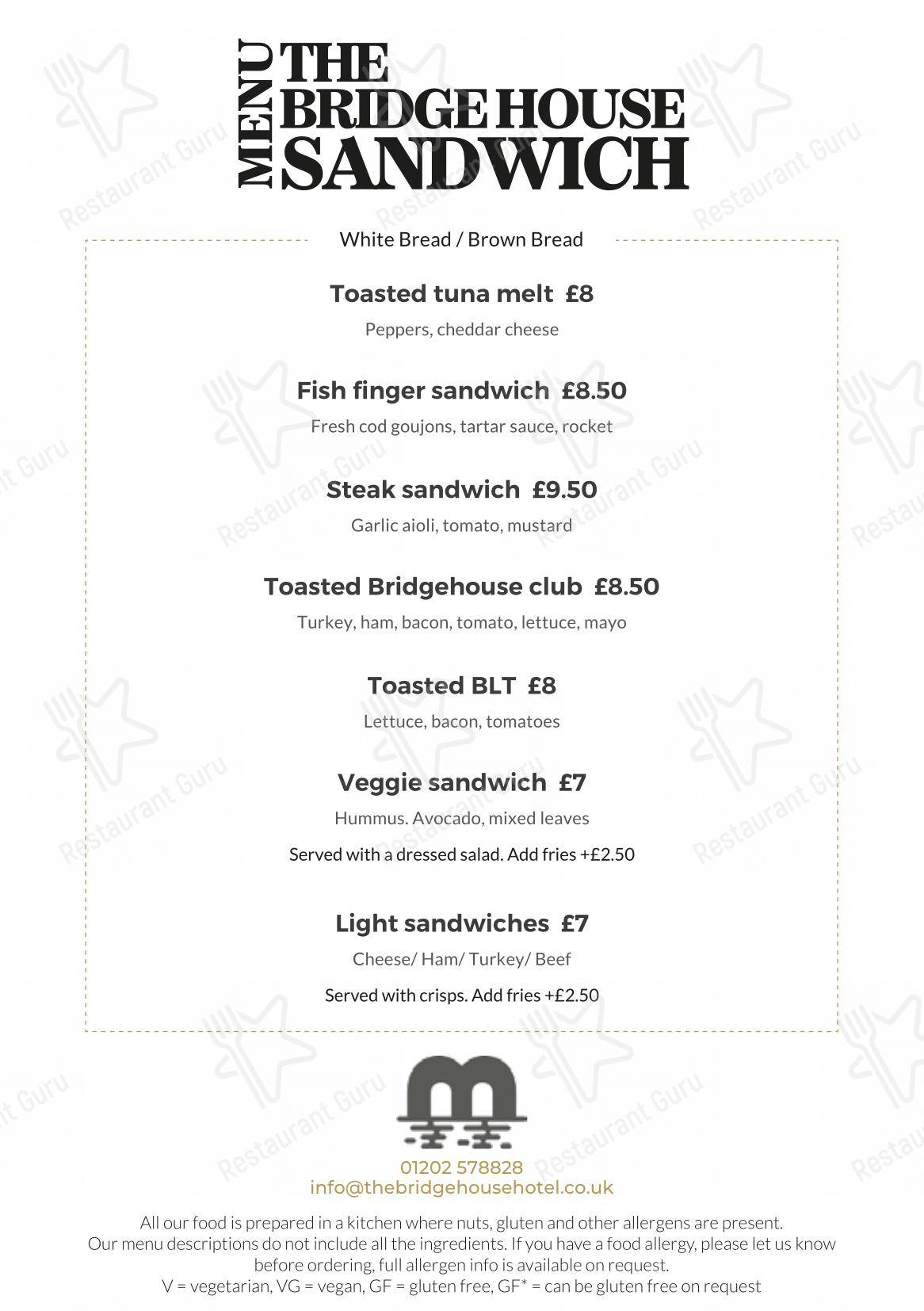 Menu at The Bridge House pub & bar, Ferndown