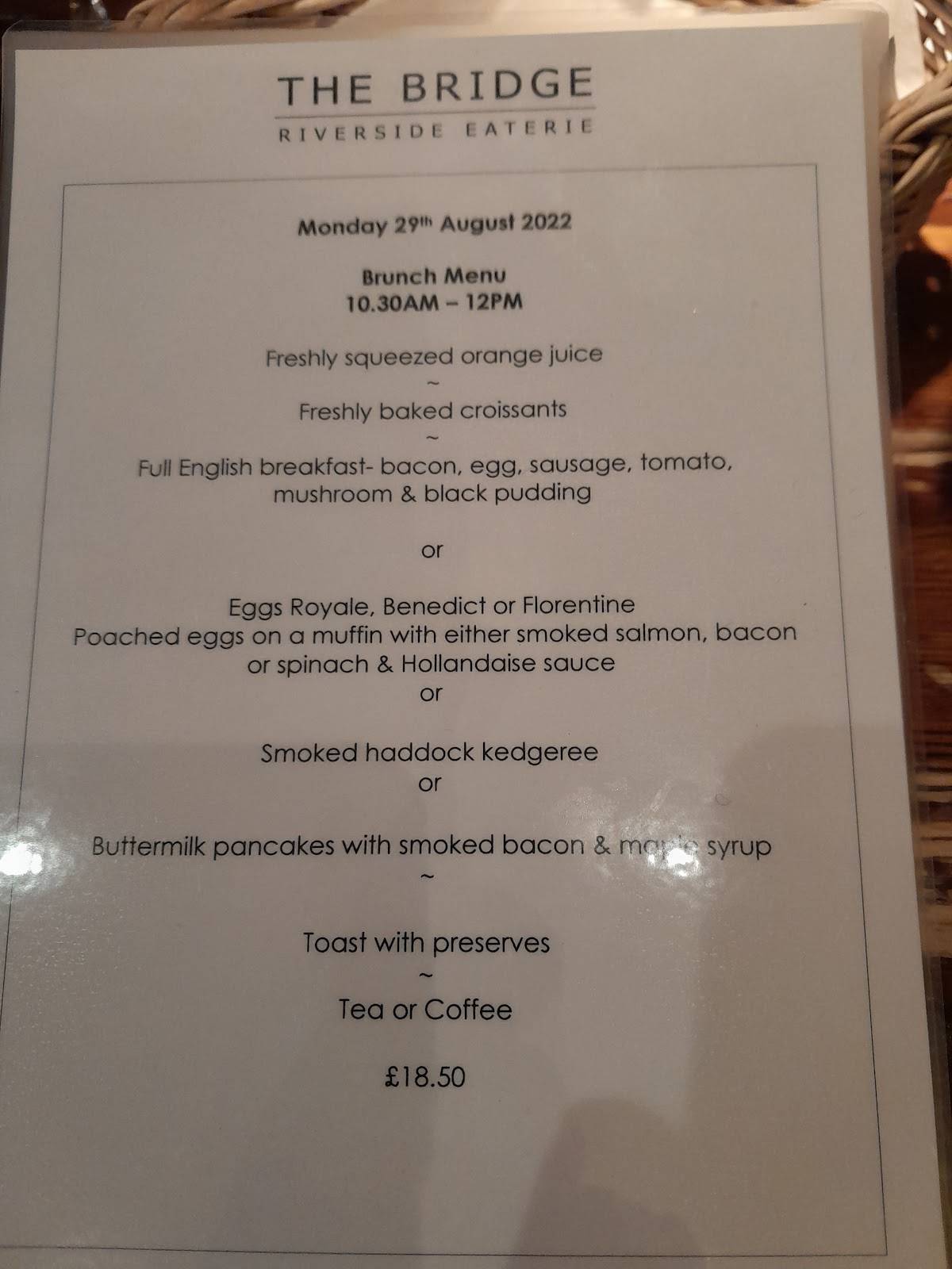 Menu at The Bridge restaurant, Bidford-on-Avon