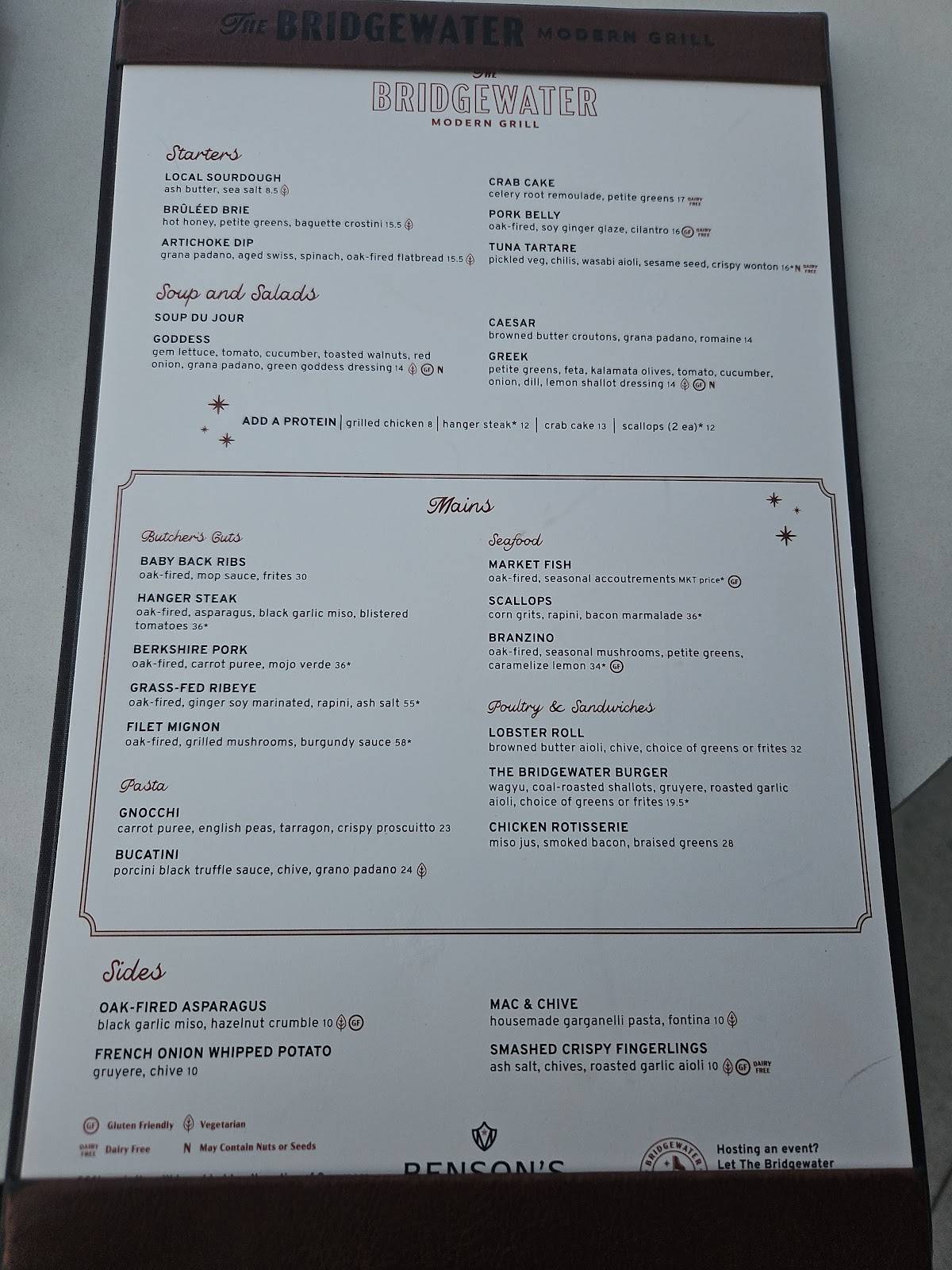 Menu at The Bridgewater Modern Grill pub & bar, Milwaukee