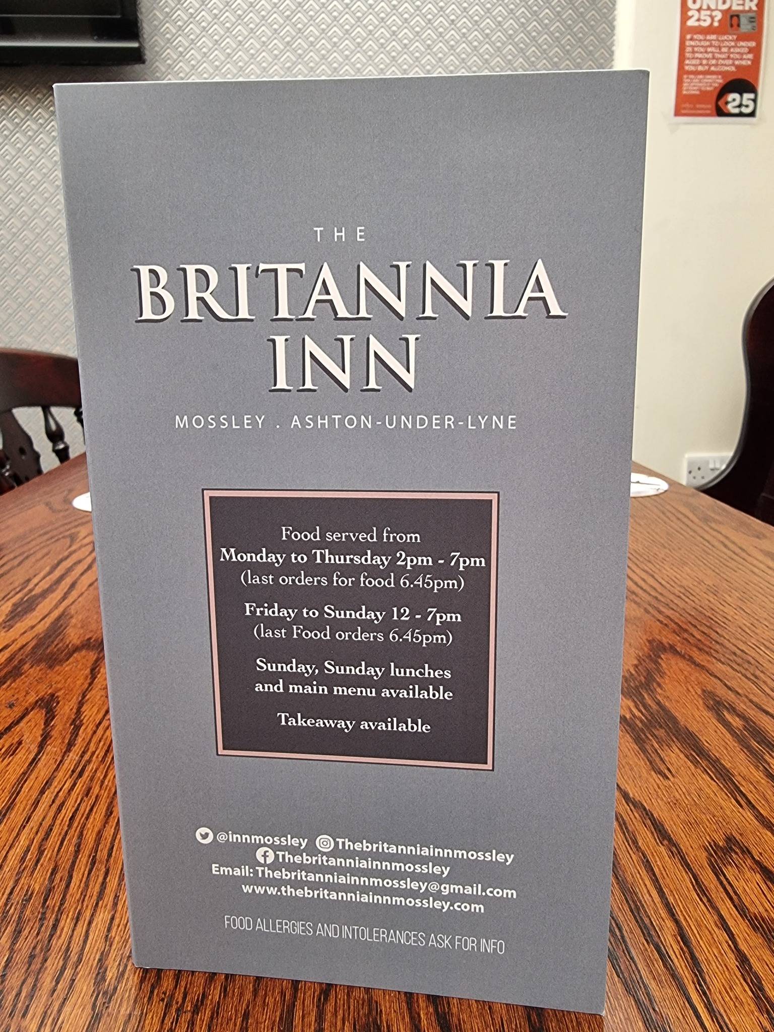 Menu at The Britannia Inn pub & bar, Ashton-under-Lyne