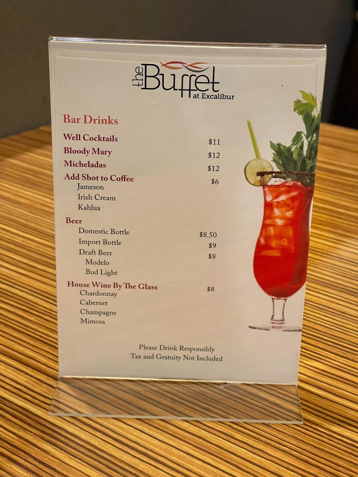Menu at The Buffet at Excalibur restaurant, Las Vegas