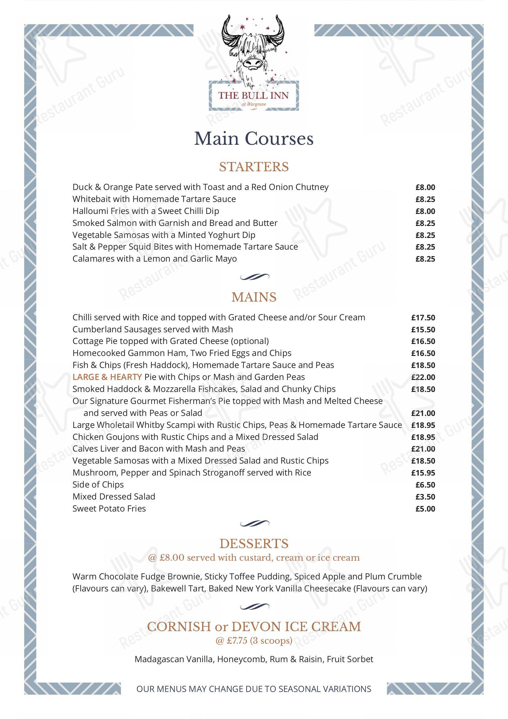 Menu at The Bull Hotel & Public House, Wargrave