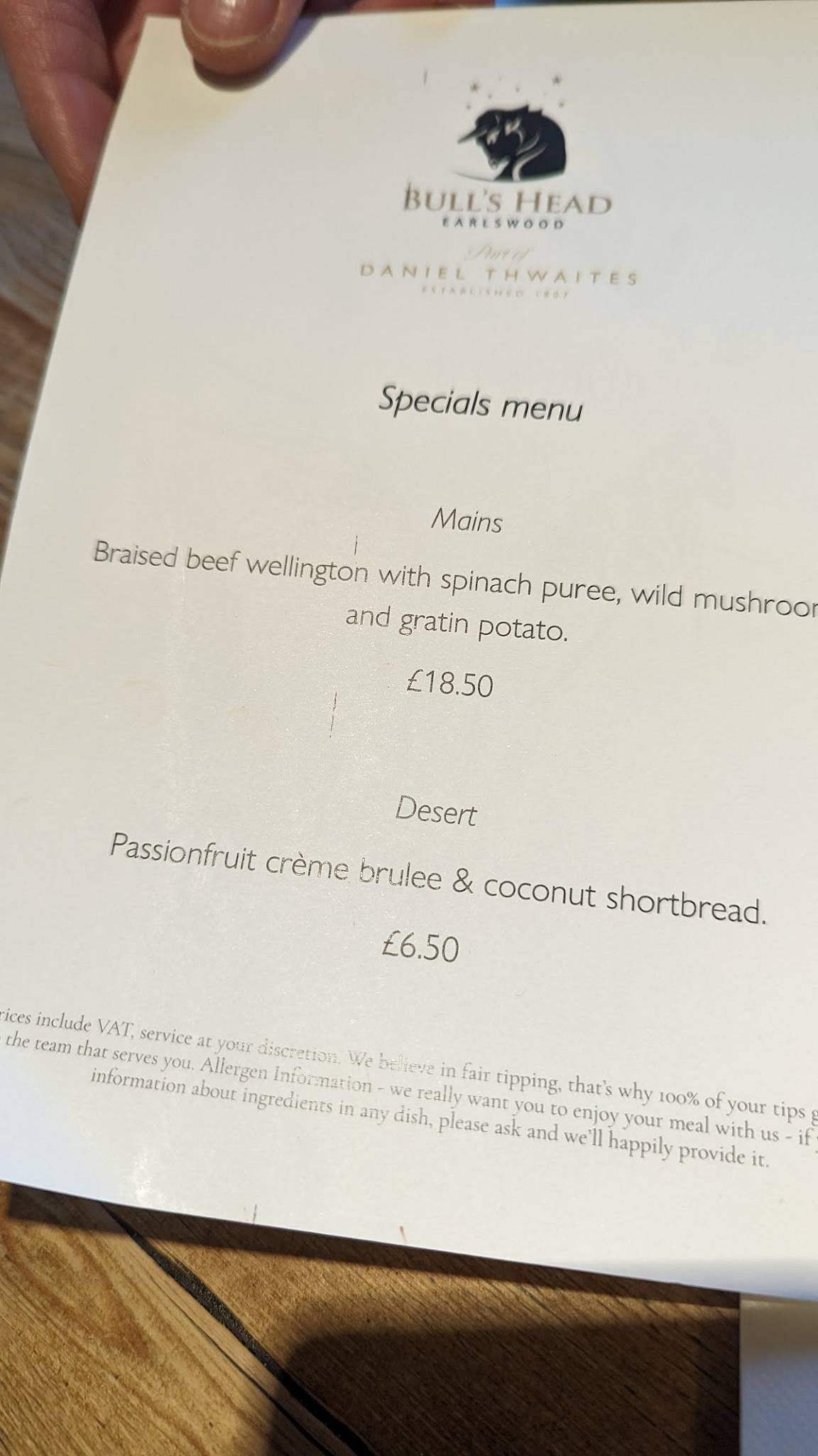 Menu at The Bulls Head pub & bar, Solihull, 7 Limekiln Ln