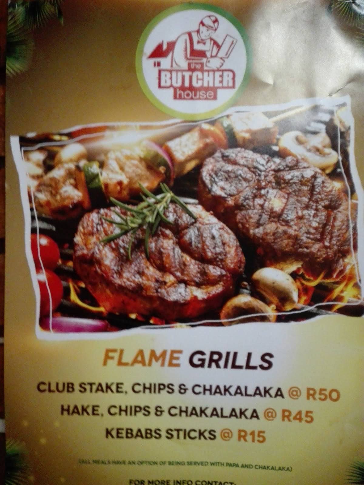 Menu at The Butcher House restaurant, Pretoria