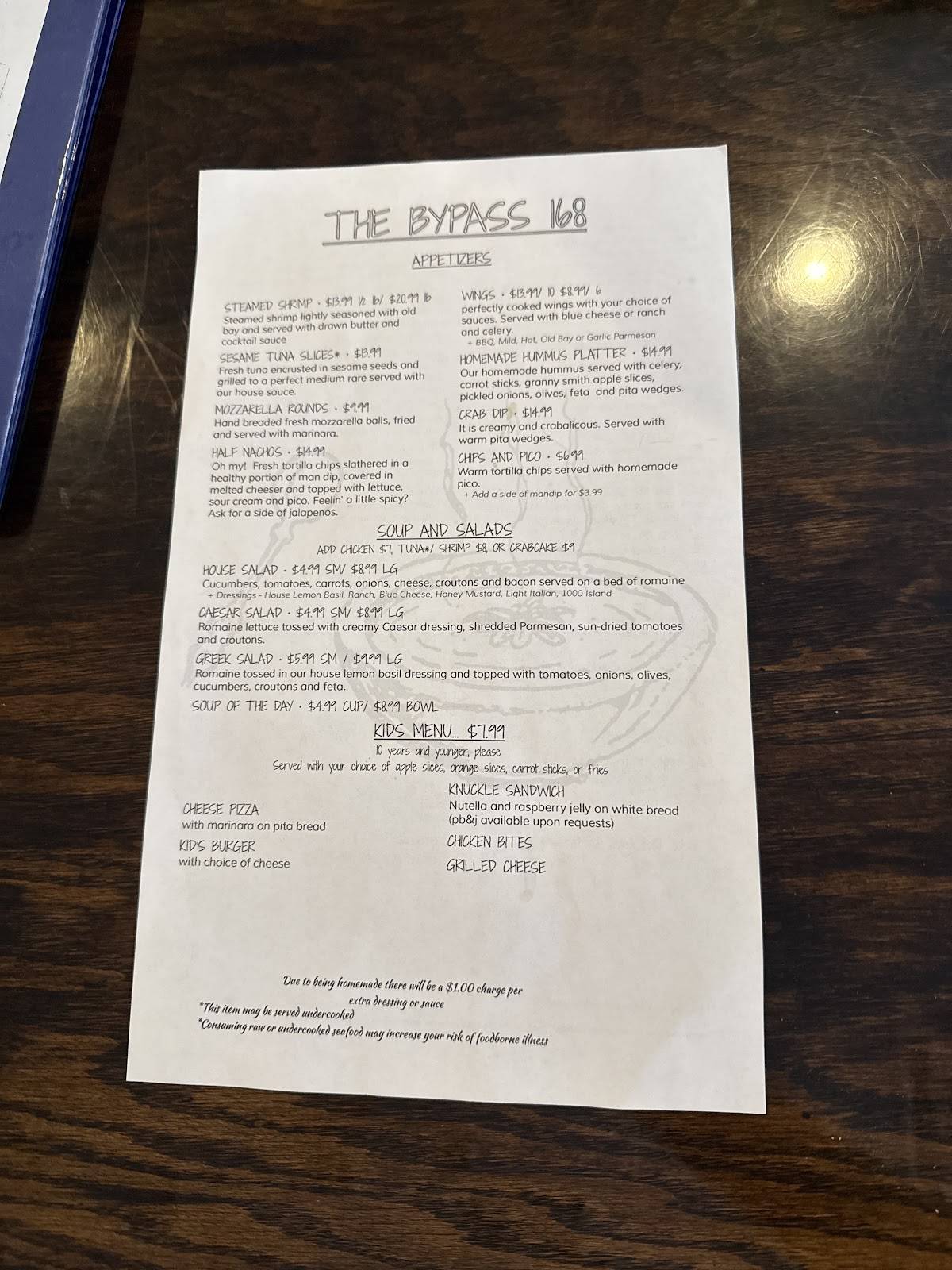 Menu at The Bypass 168 restaurant, Chesapeake