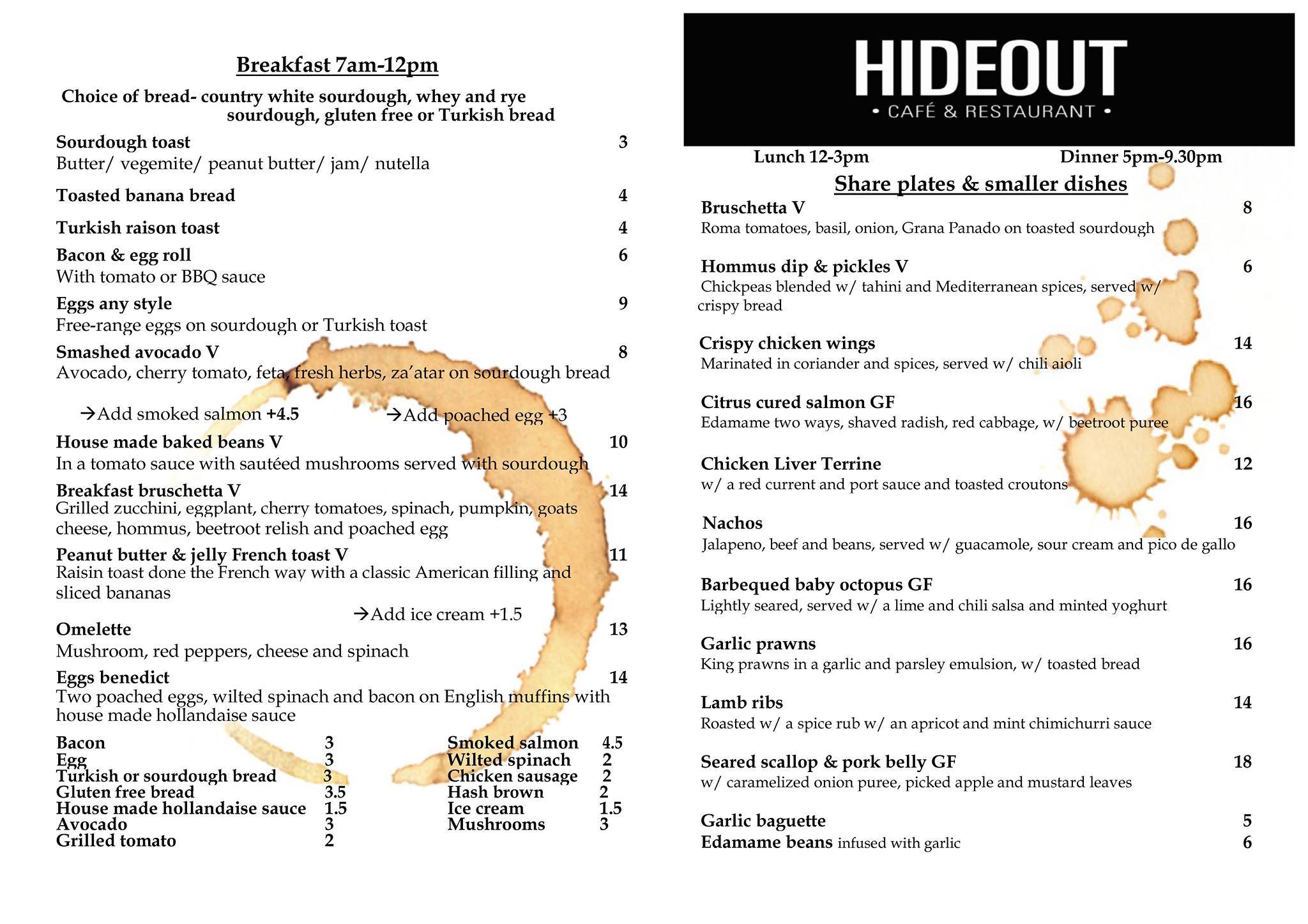 Menu at Hideout cafe, Sydney
