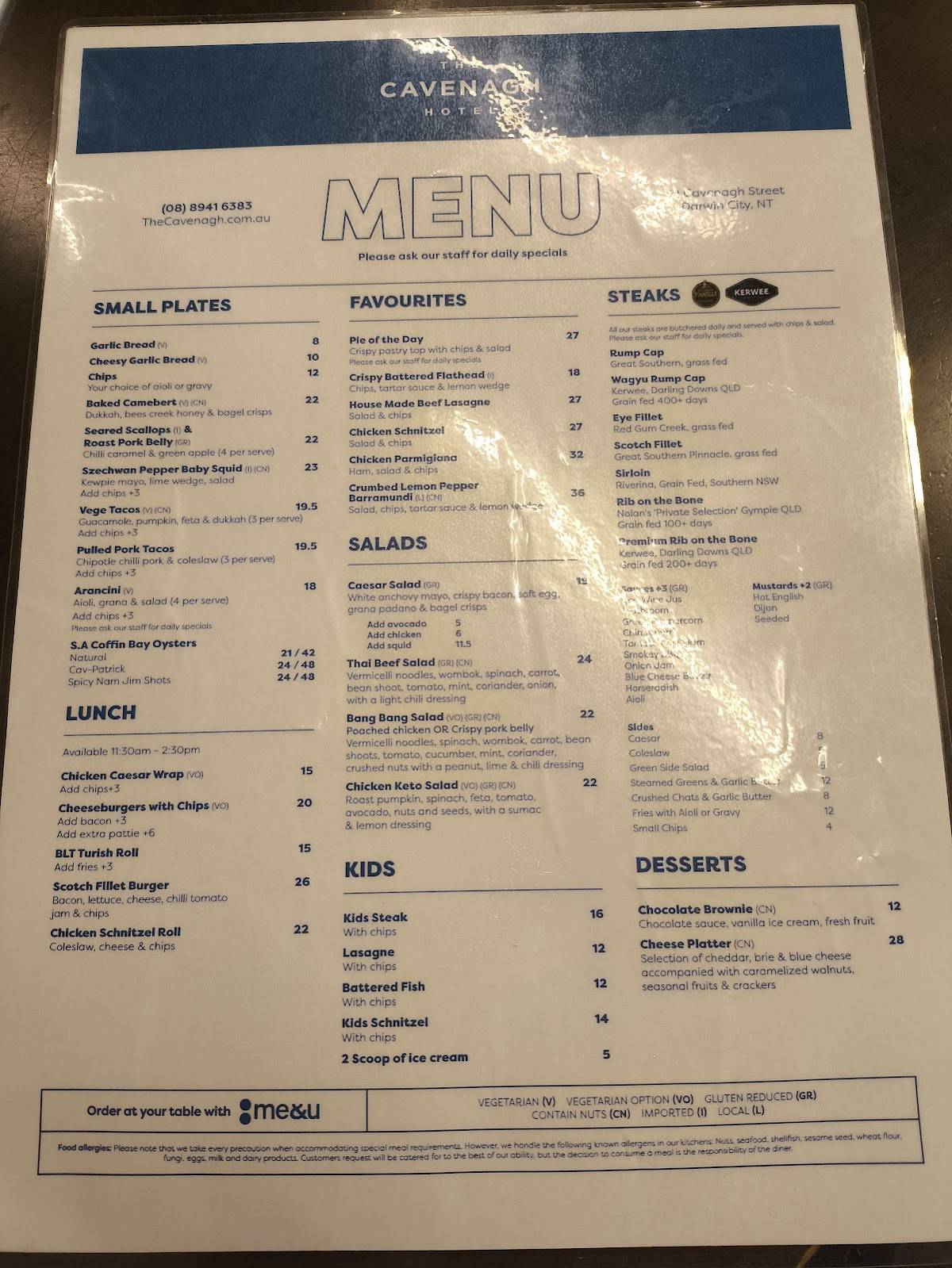 Menu at The Cavenagh Hotel restaurant, Darwin City