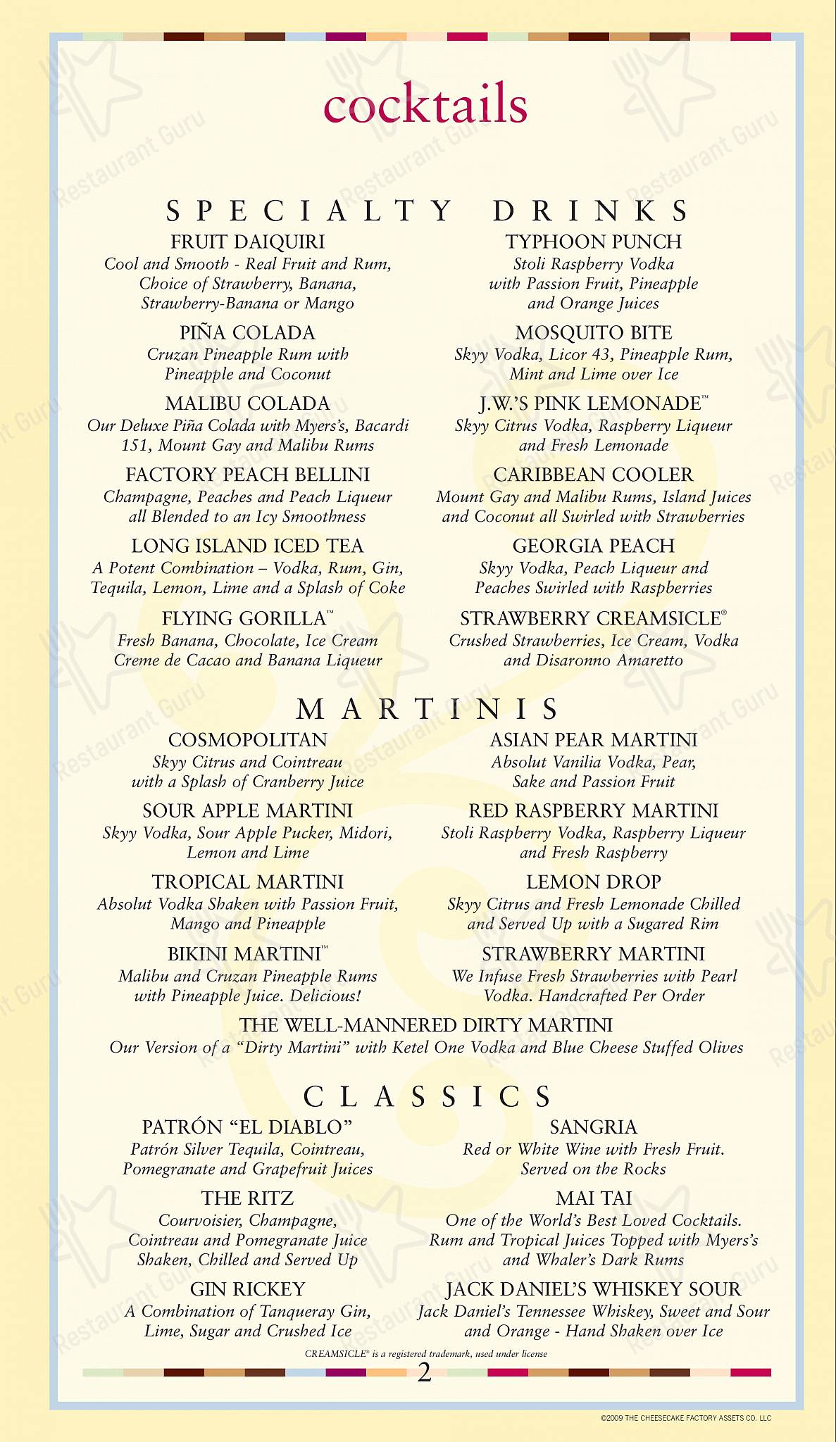 Menu at The Cheesecake Factory desserts, Honolulu