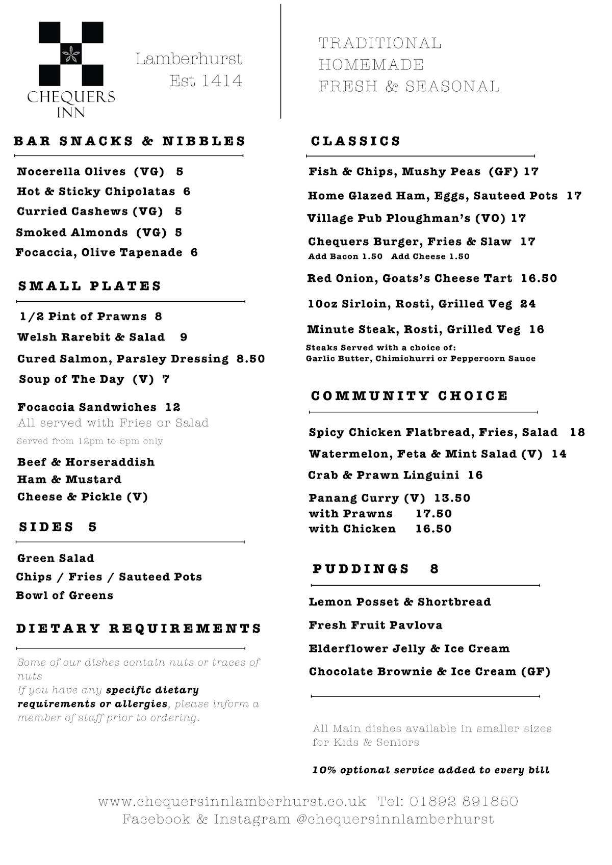 Menu at The Chequers Inn pub & bar, Lamberhurst