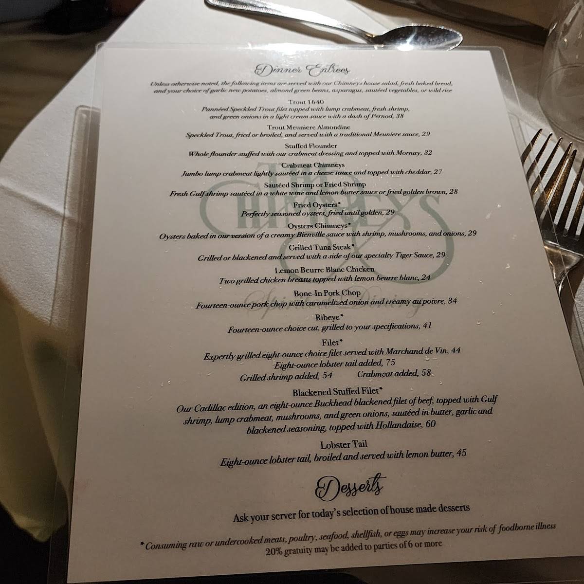 Menu at The Chimneys Restaurant, Gulfport, E Beach Blvd