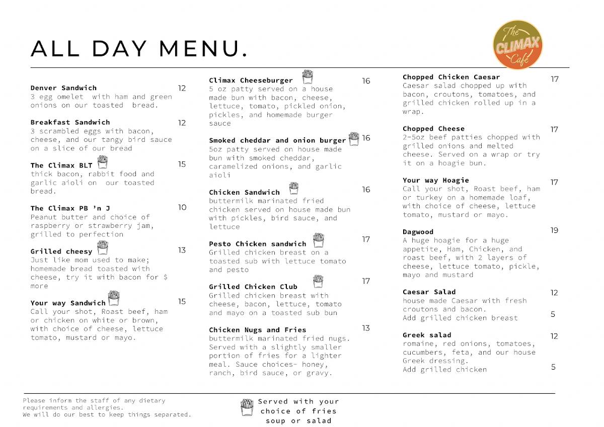 Menu at The Climax Cafe, Climax
