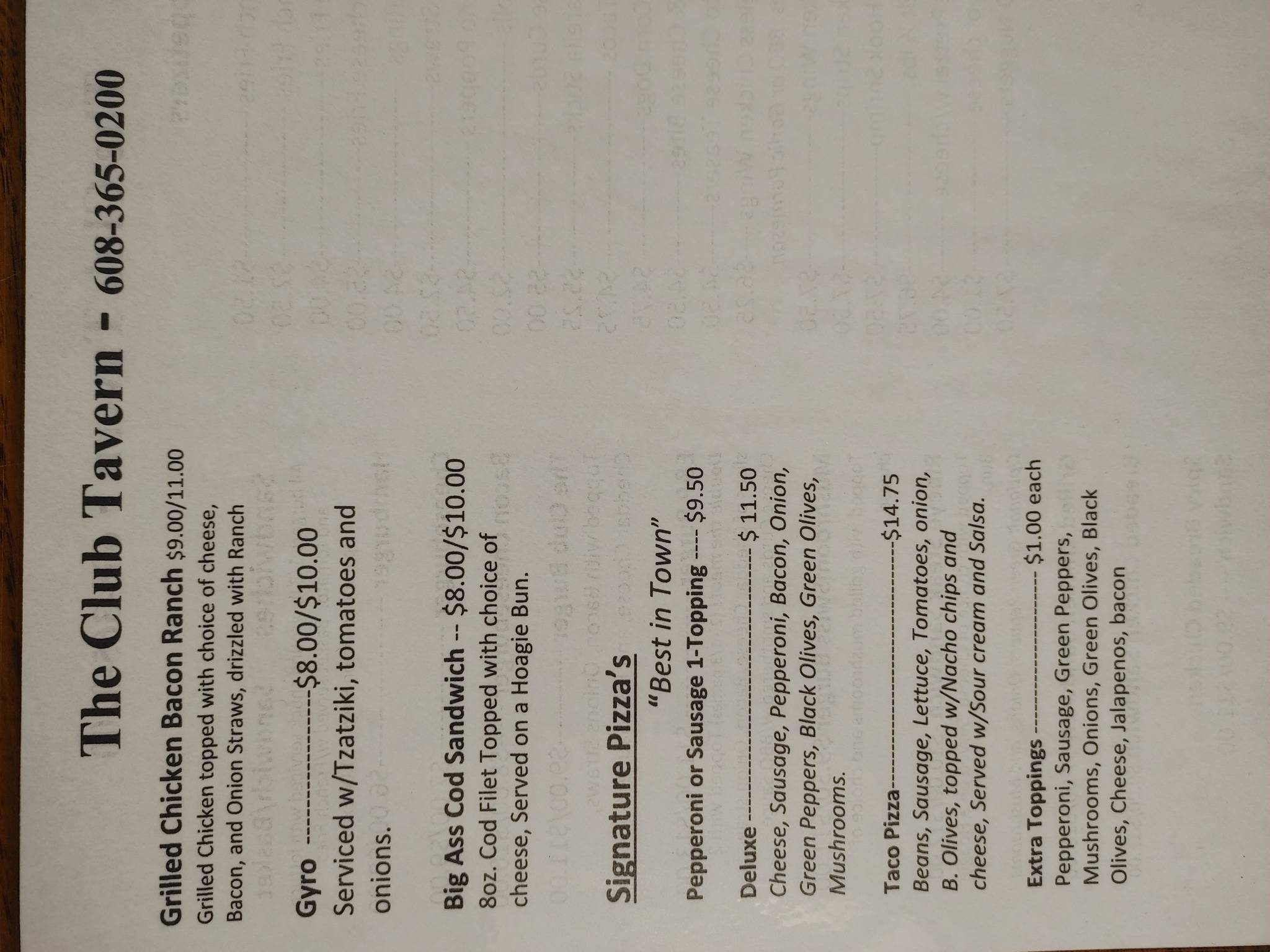 Menu at The Club Tavern, Beloit, Porter Ave