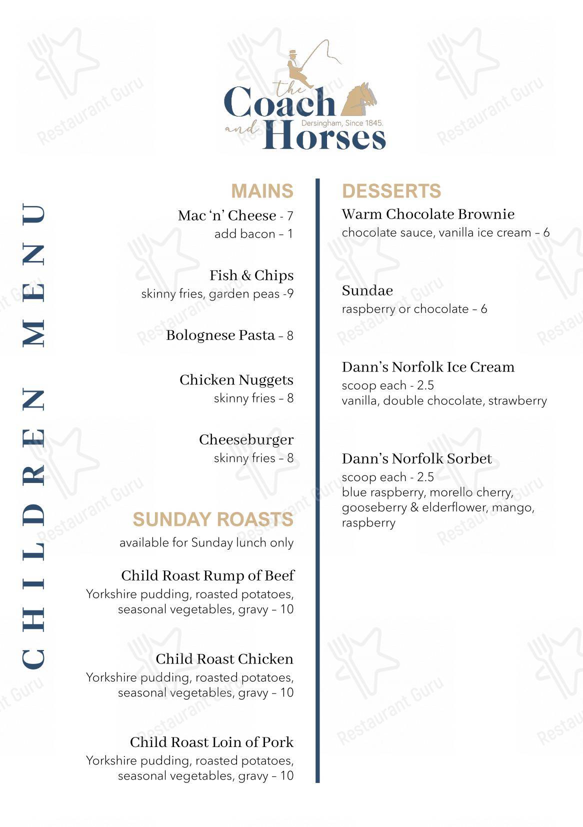 Menu at The Coach & Horses pub & bar, Dersingham