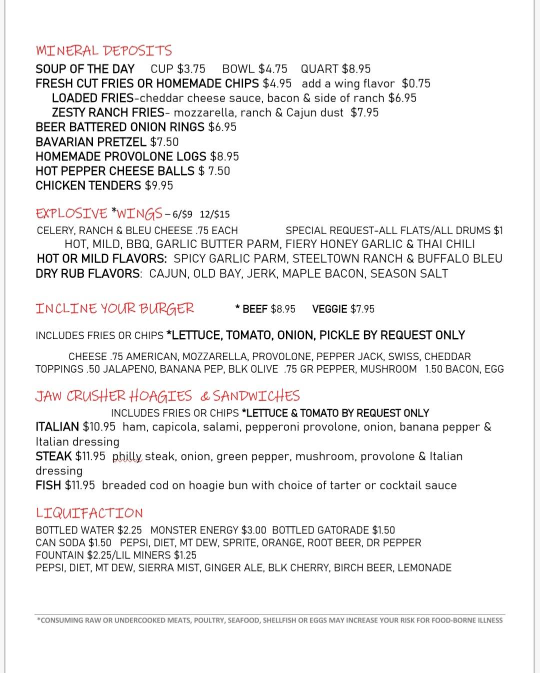 Menu at The Coal Mine pub & bar, Castle Shannon