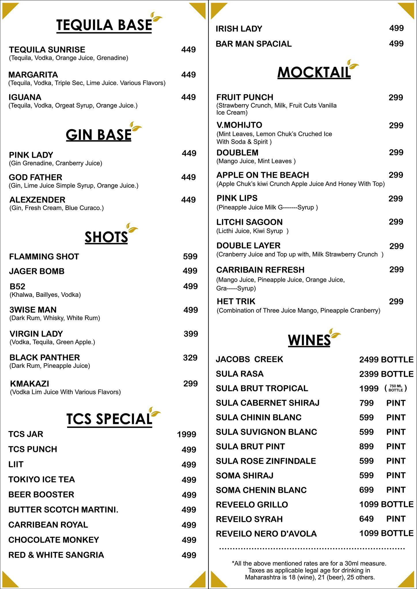 Menu at The Cobble Street (TCS), Nashik, Gangapur-Savargaon Rd