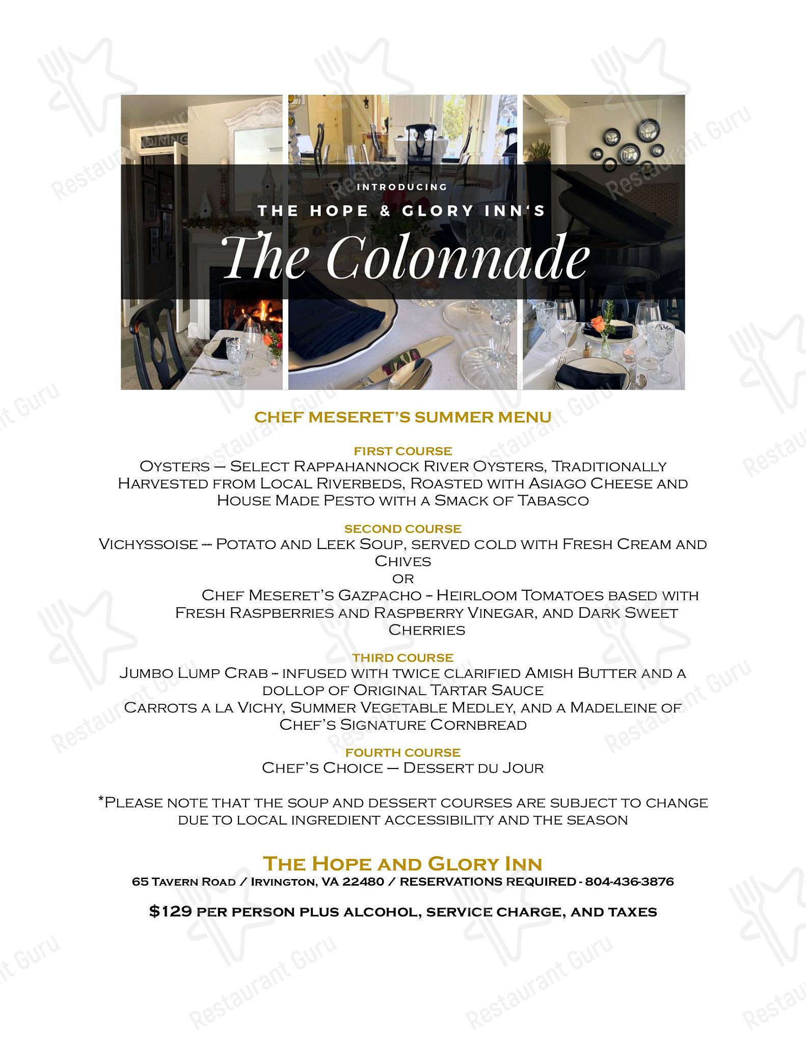 Menu at The Colonnade restaurant, Irvington