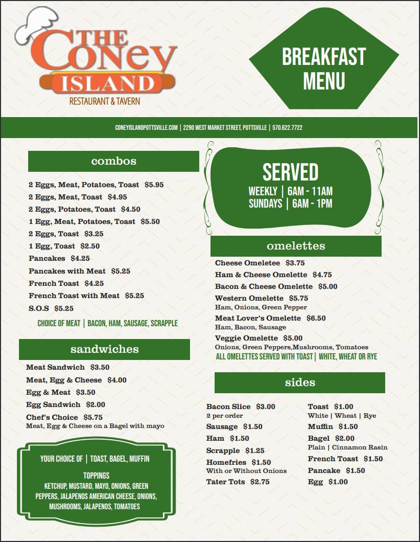 Menu at The Coney Island Pottsville restaurant, Pottsville, W Market St