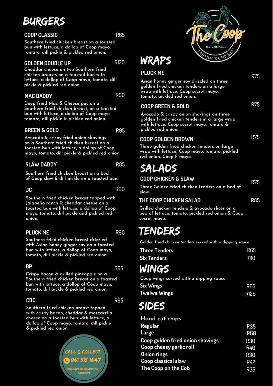 Menu au The Coop restaurant, Johannesburg