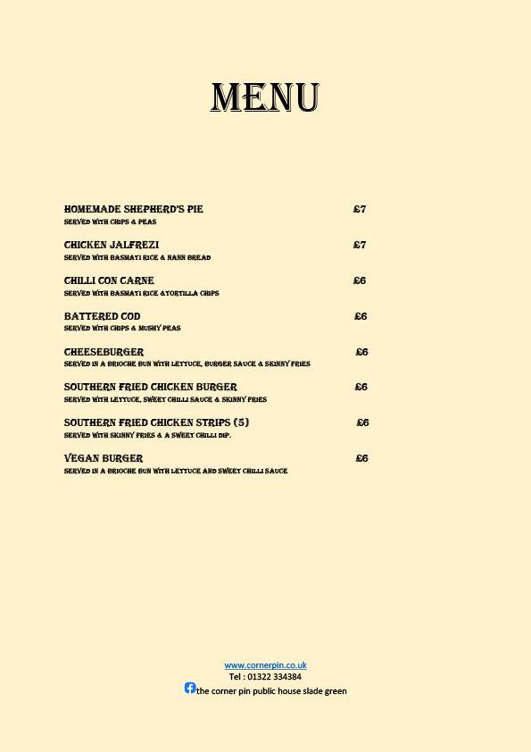 Menu at The Corner Pin pub & bar, Erith, Slade Green Rd