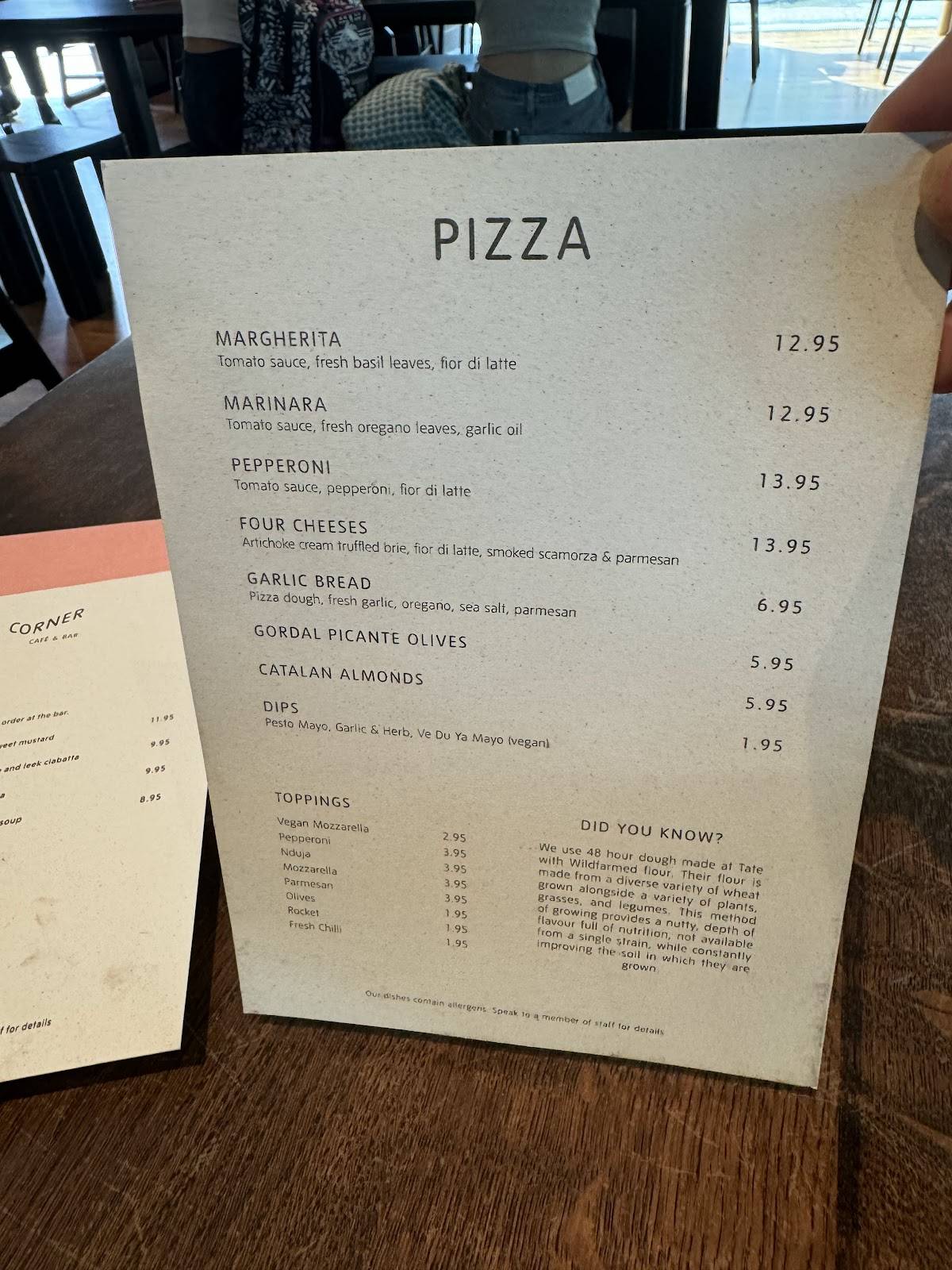 Menu at The Corner at Tate Modern cafe, London