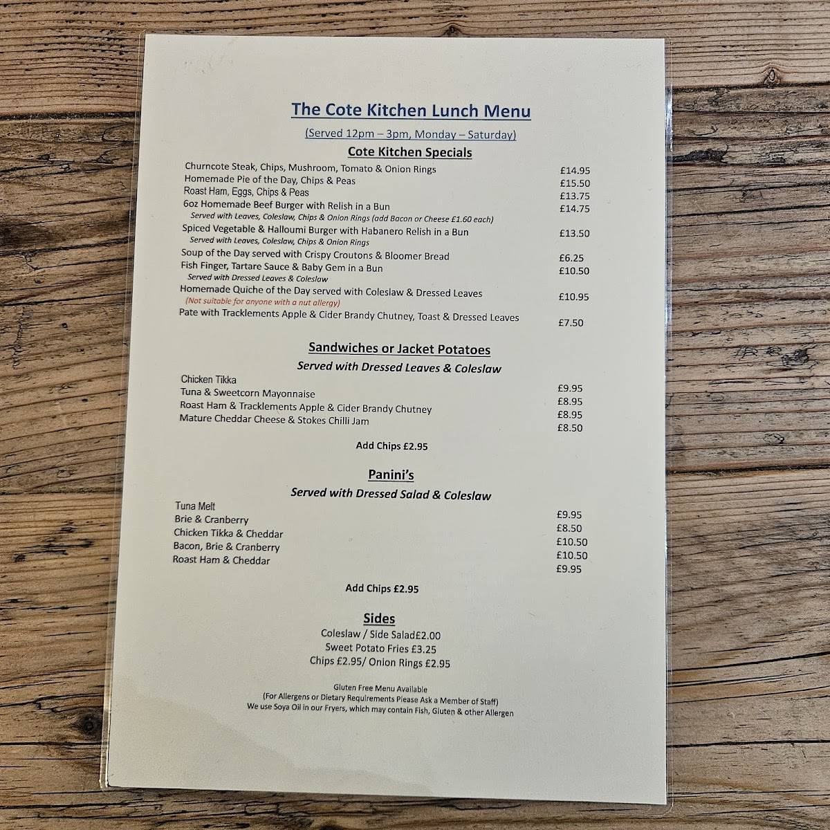 Menu at The Cote Kitchen restaurant, Shrewsbury