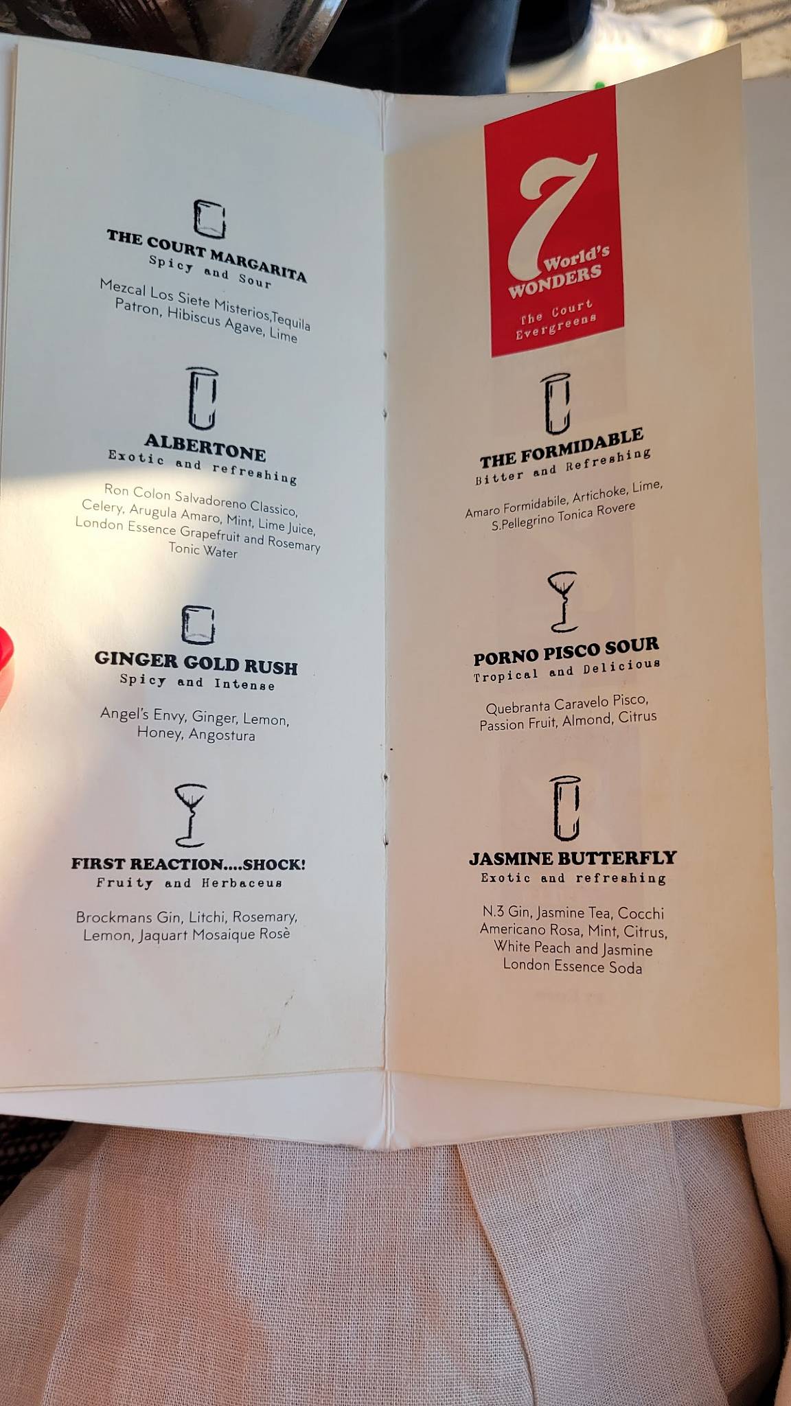 Menu at The Court Bar. Palazzo Manfredi, Rome