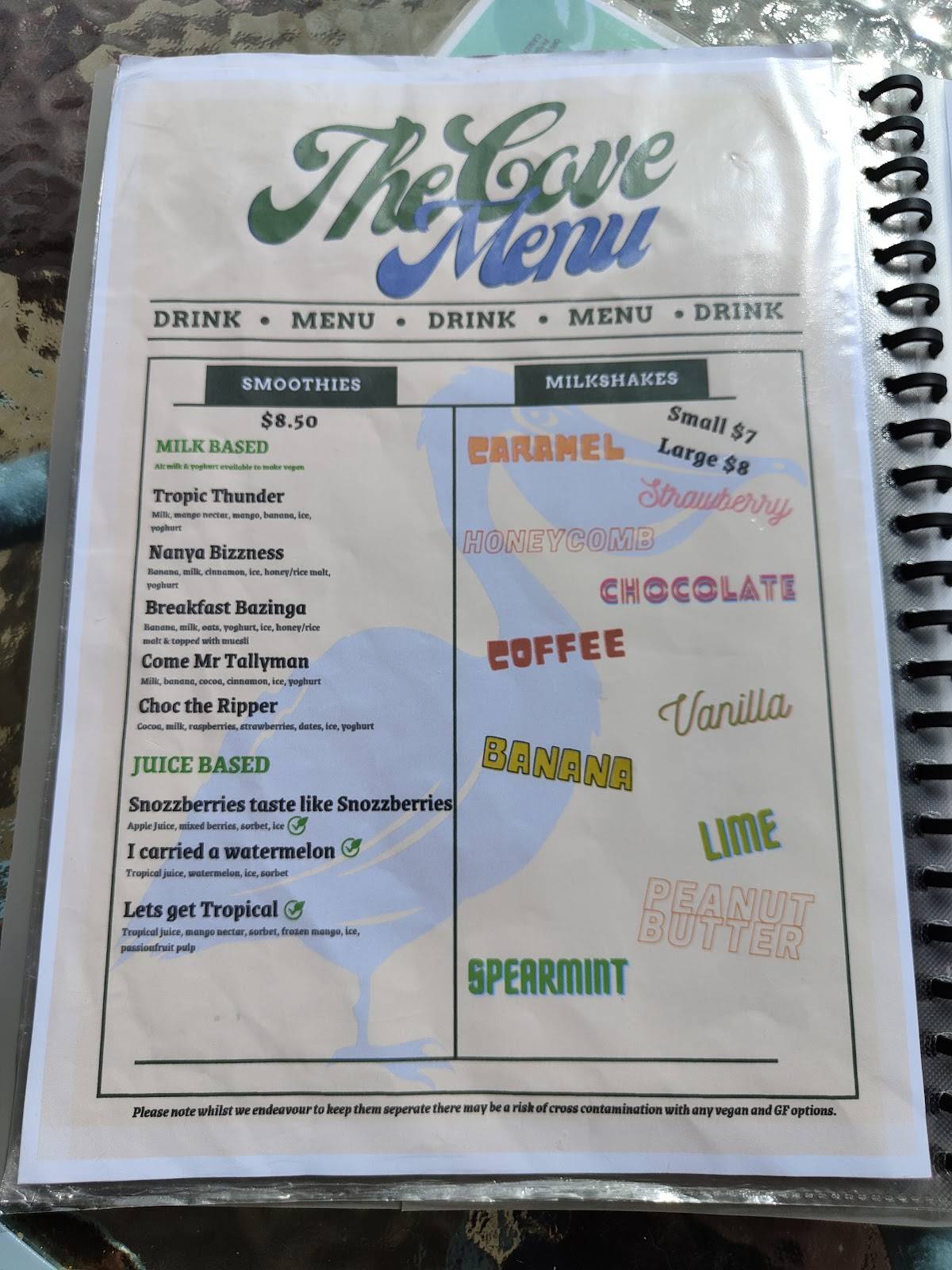 Menu at The Cove cafe, Lakes Entrance